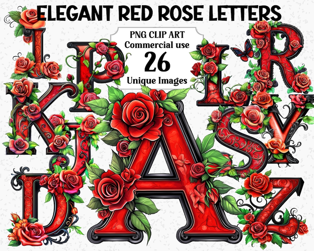 Elegant Red Rose Letters Clipart Alphabet Gothic Halloween, Digital ...