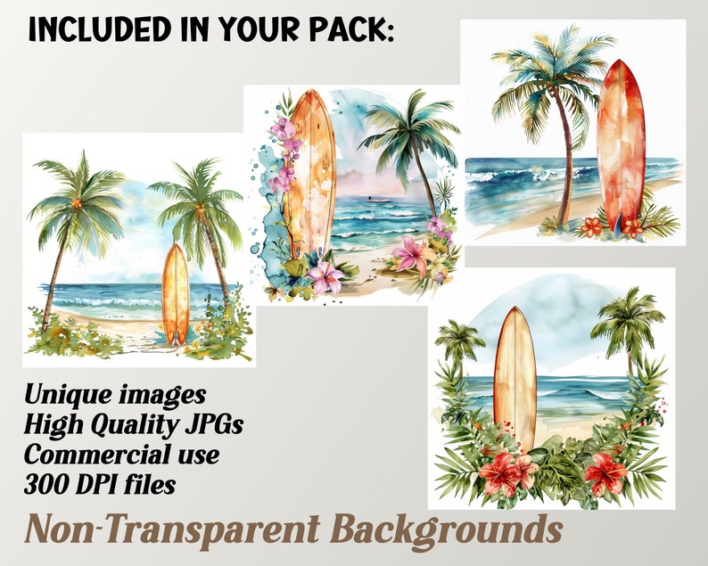Boards & Beaches Watercolor Clipart Scenes, Digital Paper Crafts ...
