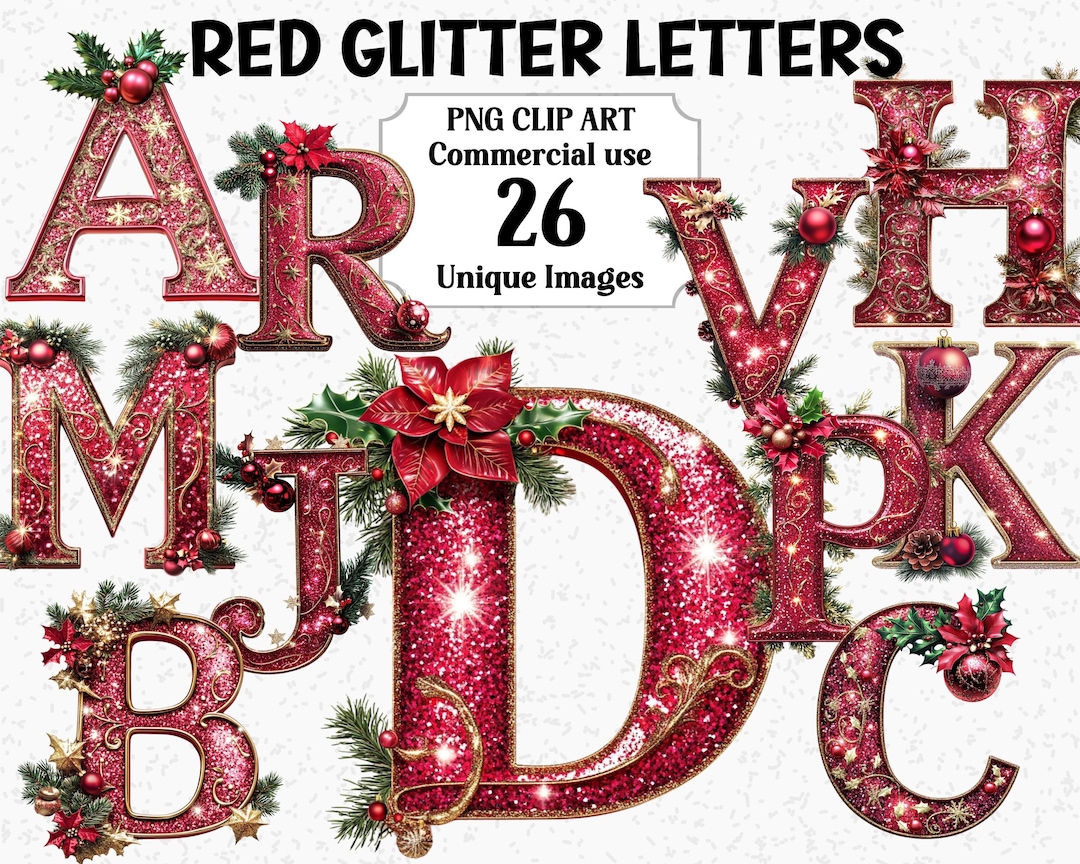 Red Glitter Letters Clipart, Sparkly Christmas Alphabet Digital / Paper ...