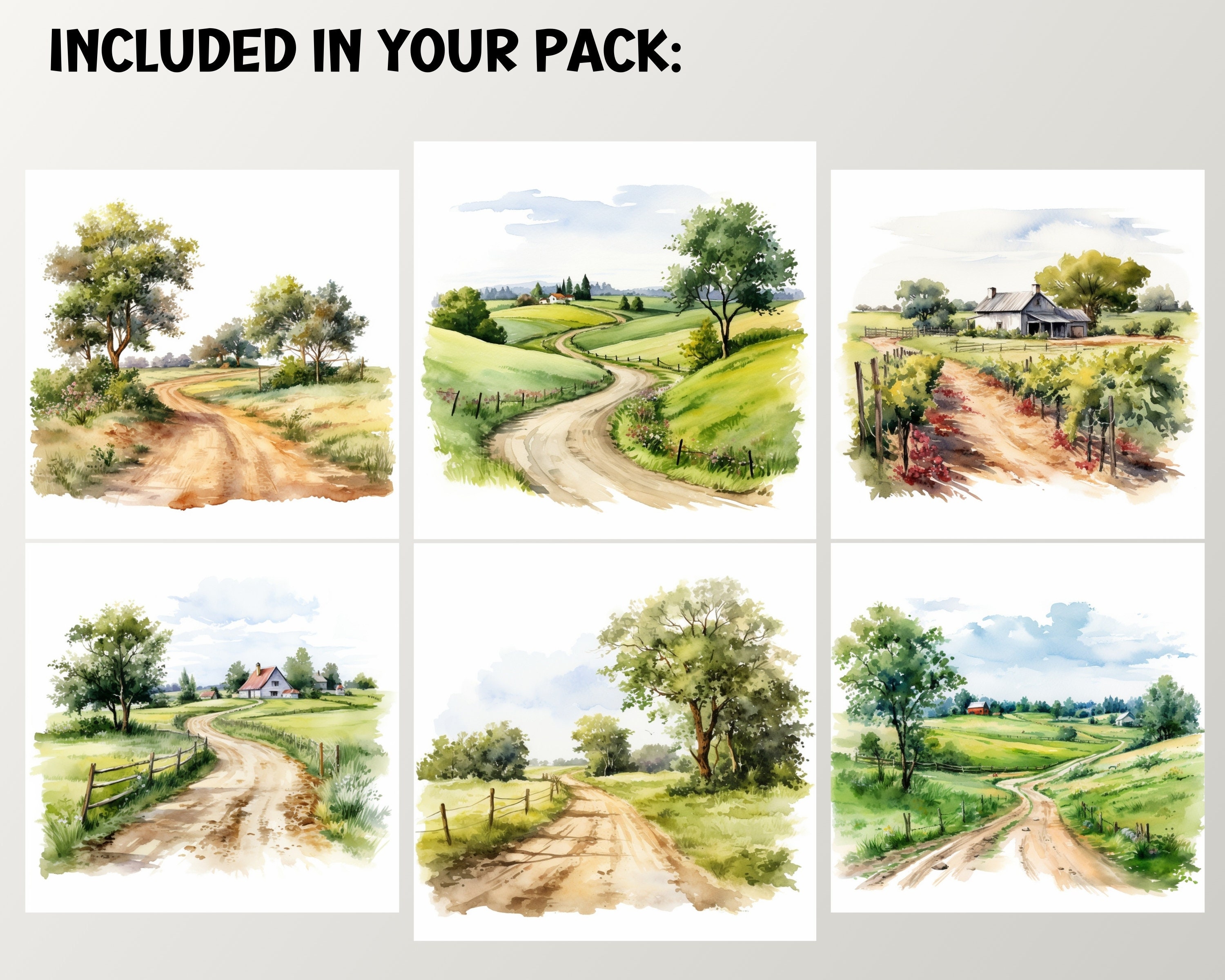 Country Laneways Watercolor Clipart Scenes, Digital & Paper Craft ...