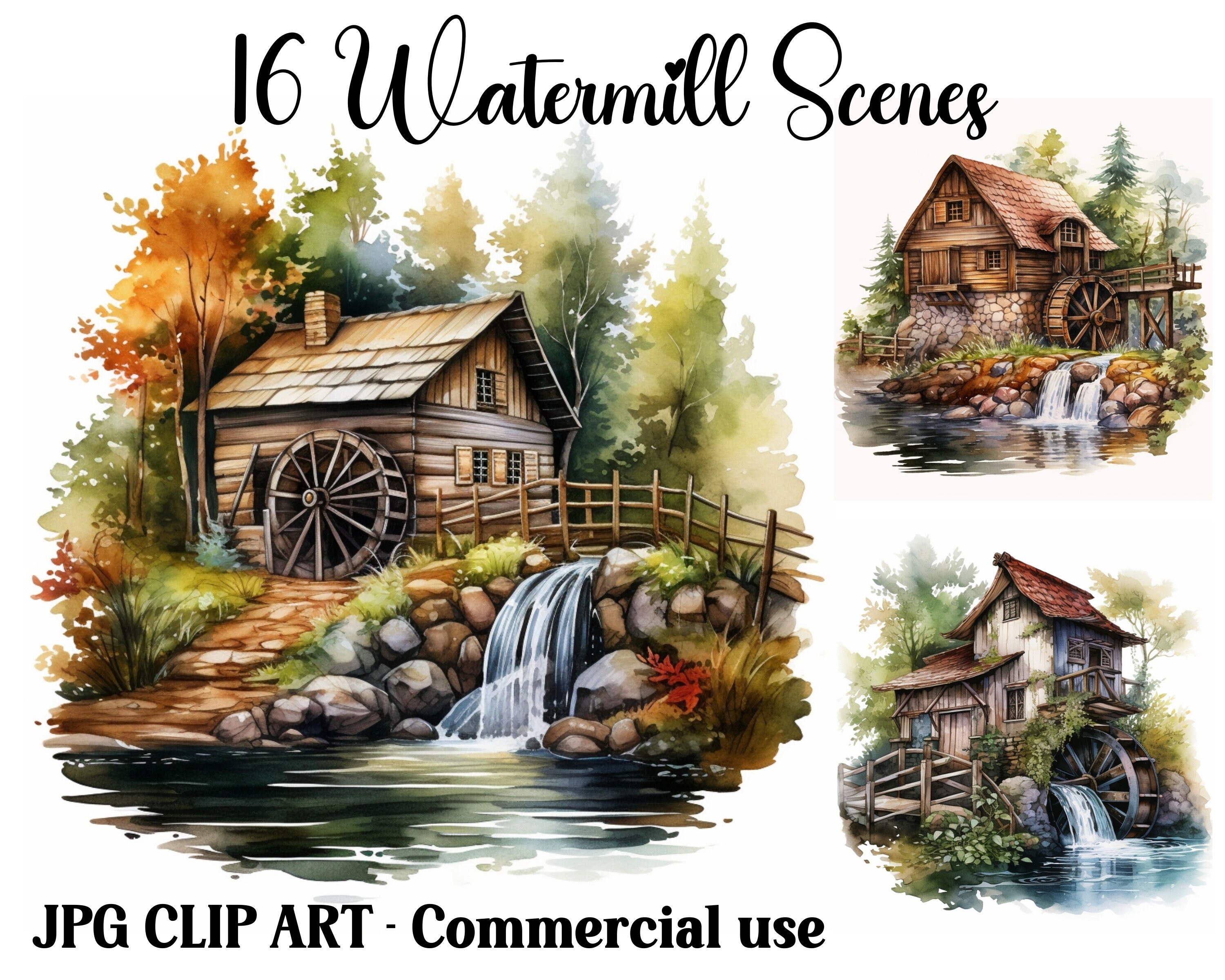 Watermill Scenes Watercolor Clipart, Digital & Paper Craft, Instant ...