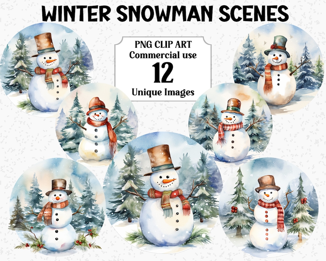 Winter Snowman Scenes Watercolor Clip Art, Digital/paper Crafts ...