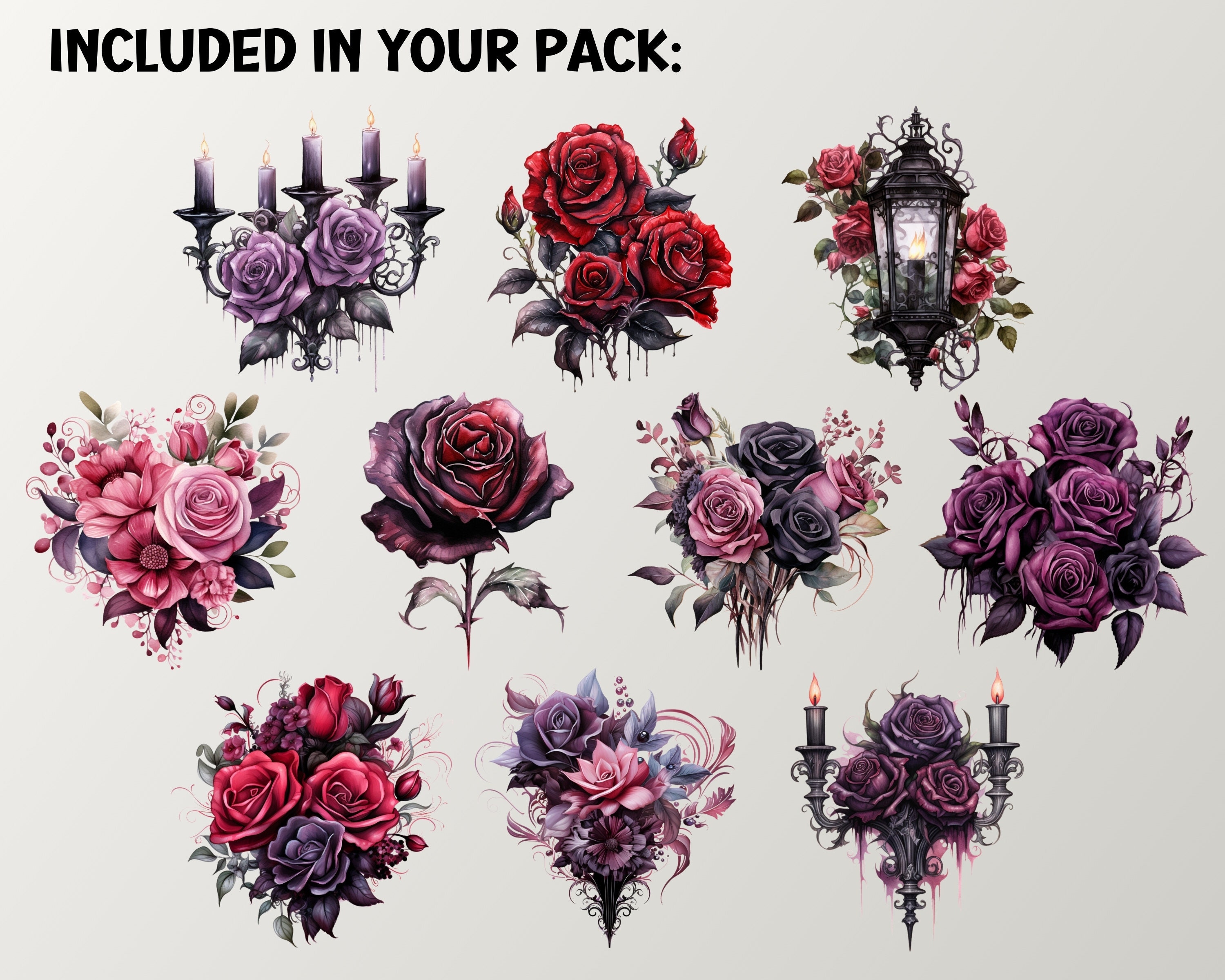 Gothic Roses Watercolor Spooky Dark Flowers Clipart, Cards Junk Journal ...