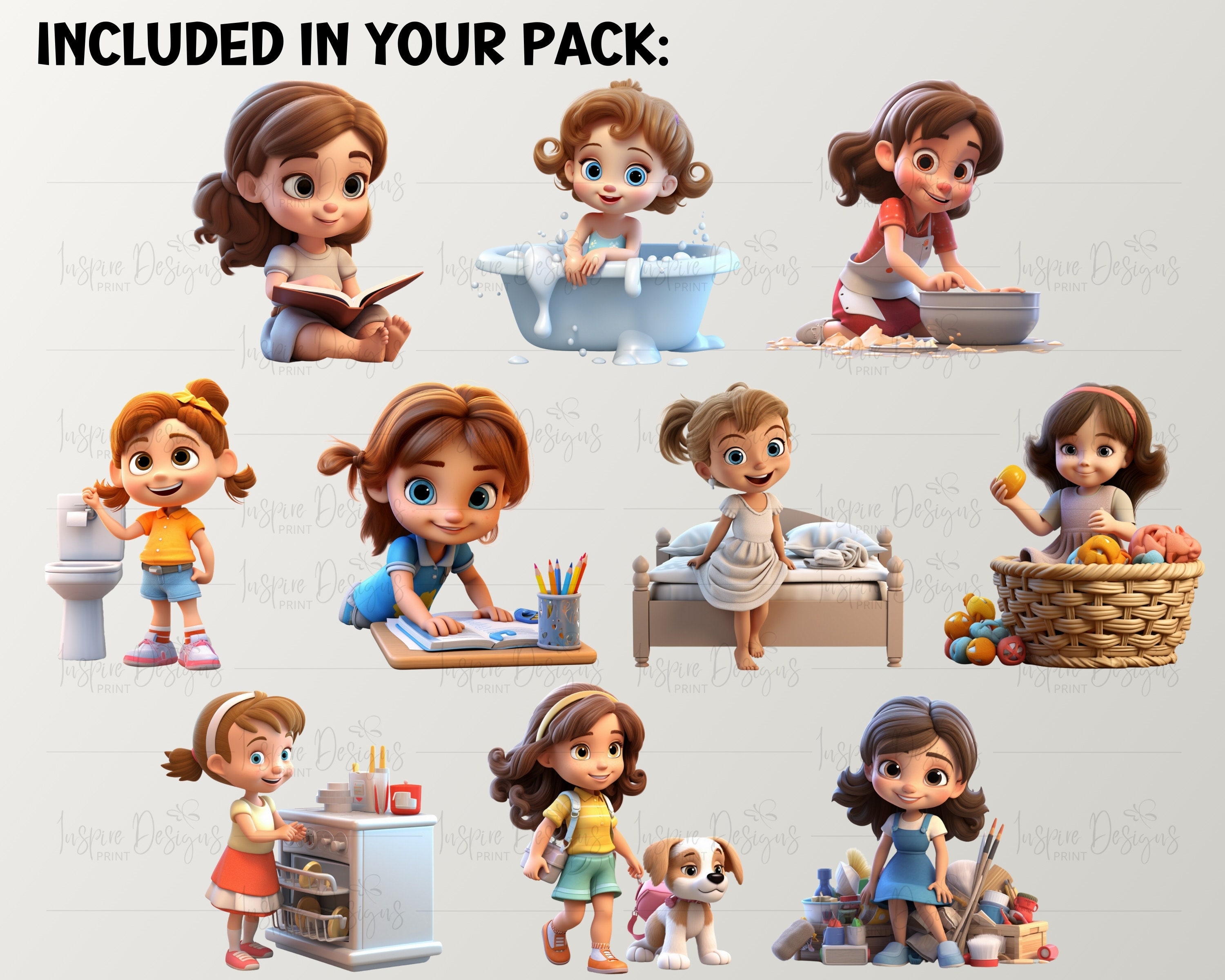 3D Style Cute Girls Doing Chores Clipart, Commercial Use Little Kids ...