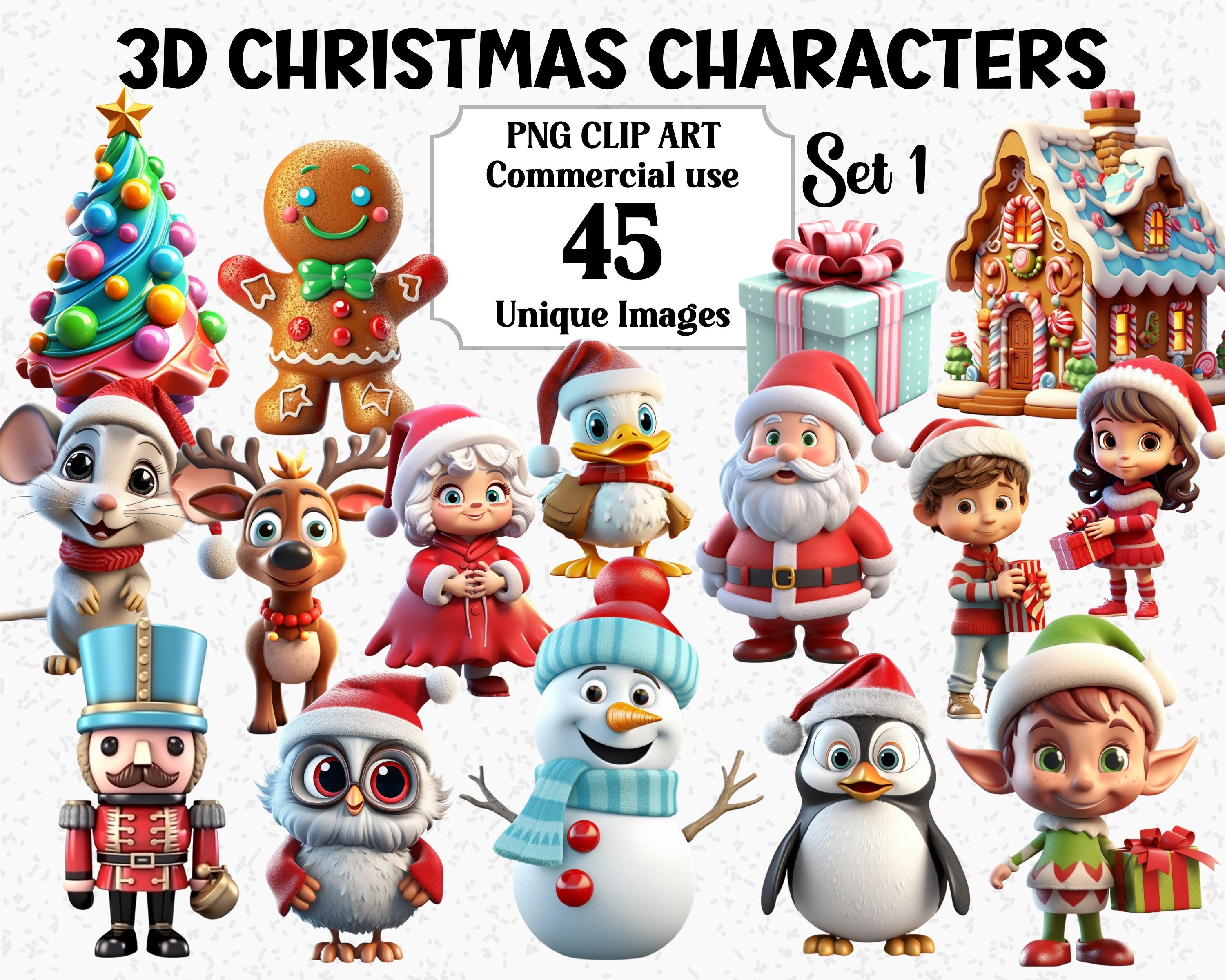 3D Style Cute Christmas Characters PNG Clipart Set1, Instant Download ...