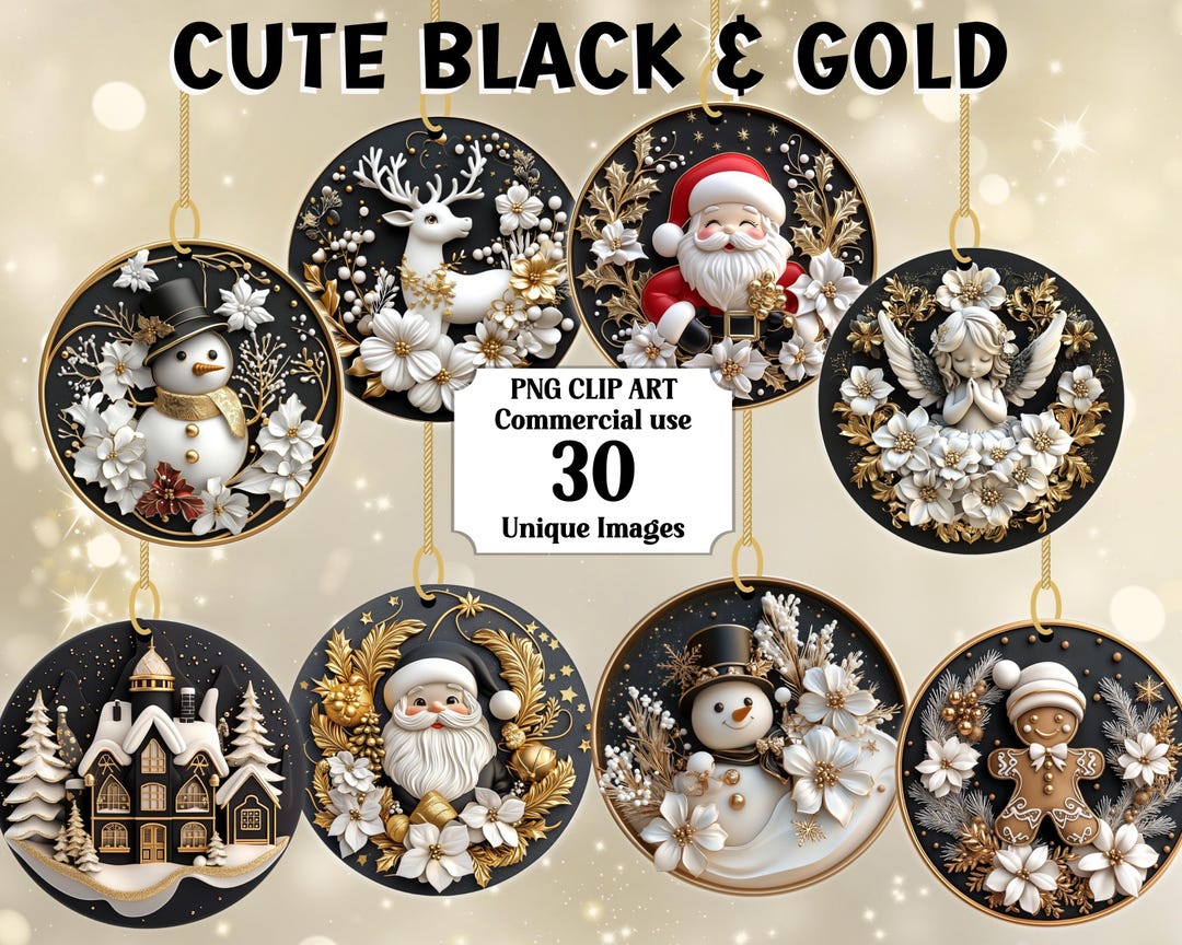 3D Effect Cute Black & Gold Christmas Circle Ornaments, Instant ...