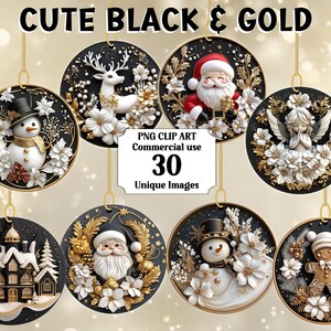 3D Effect Cute Black & Gold Christmas Circle Ornaments, Instant ...
