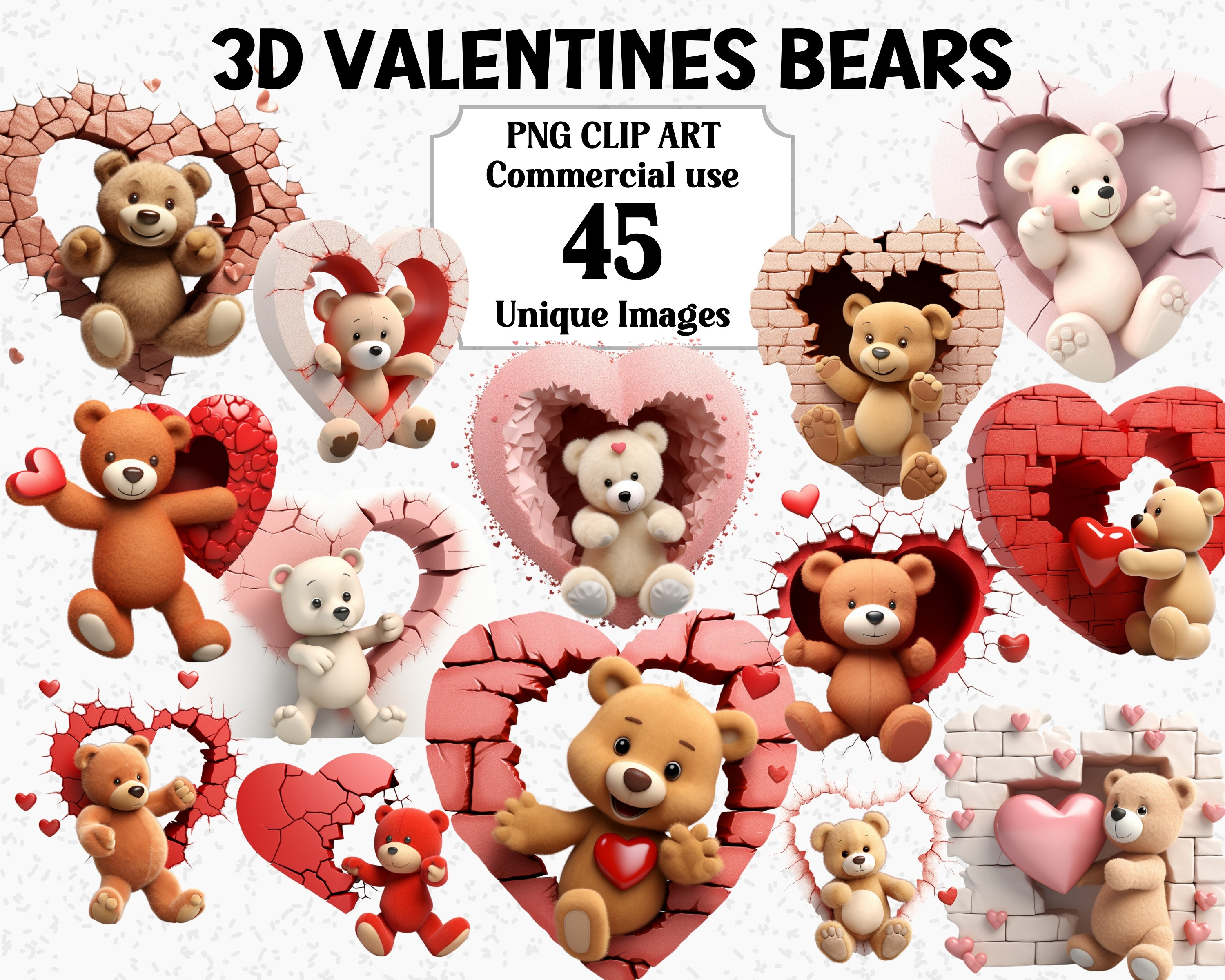 Valentines Day Bears, 3D Style Watercolor Clipart, Breakthrough Wall ...