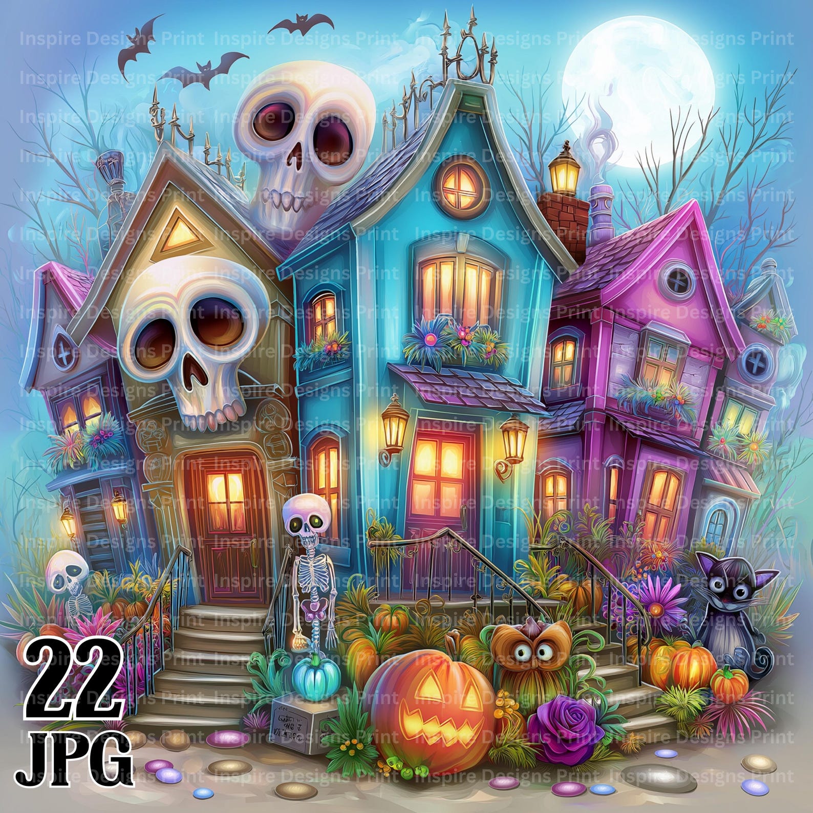 Halloween Townhouses Watercolor Clipart Haunted Houses Digital Papers ...