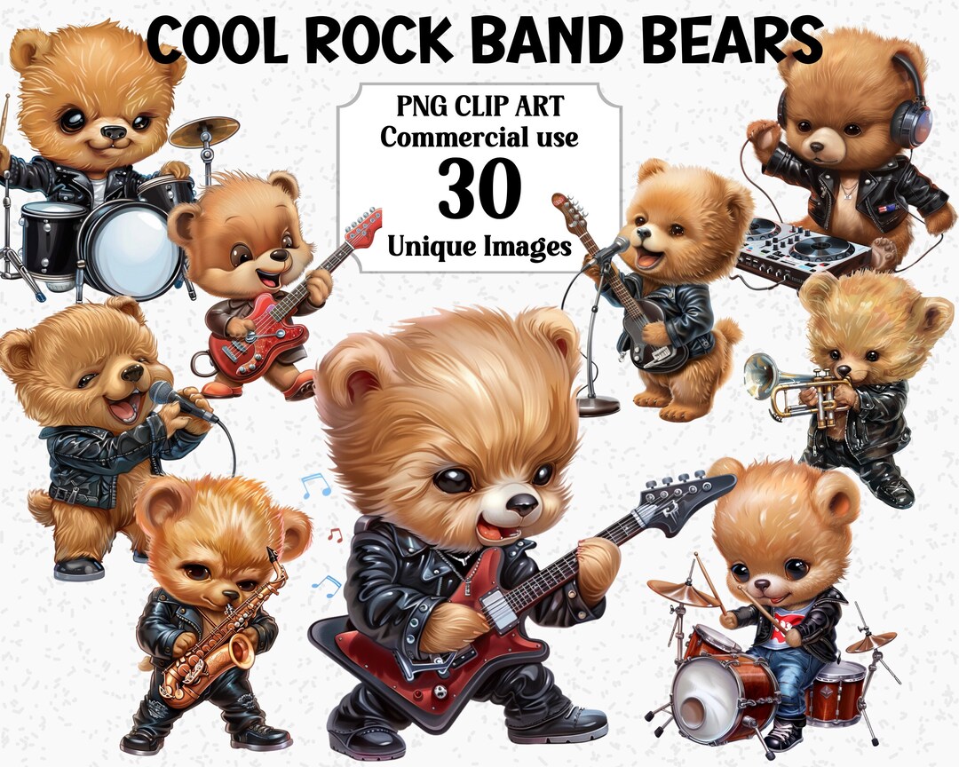 Cool Rock Band Bears Clipart, Instant Download, Music Guitar Drums ...