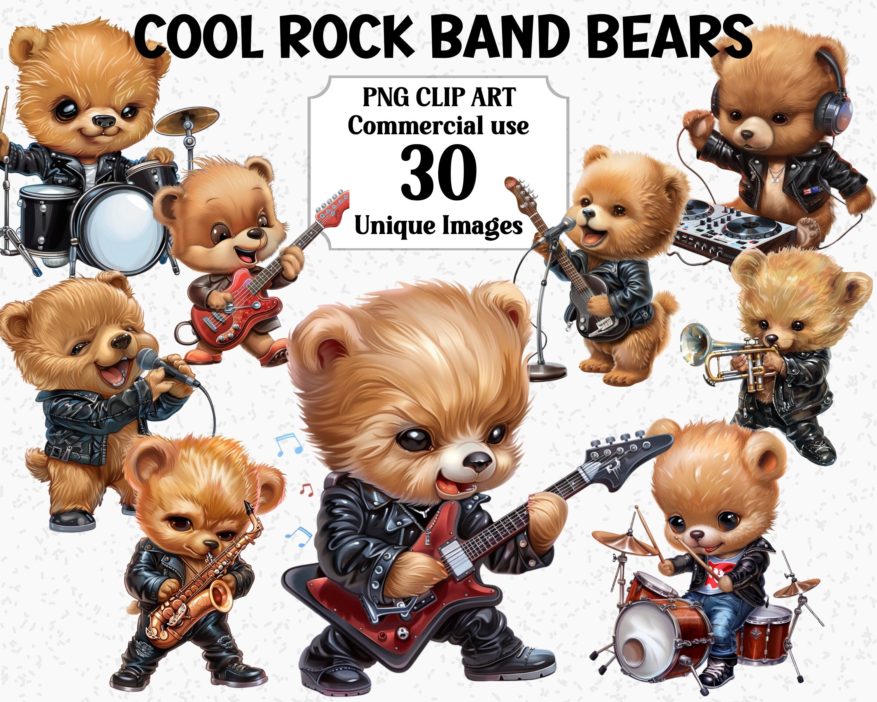 Cool Rock Band Bears Clipart, Instant Download, Music Guitar Drums ...