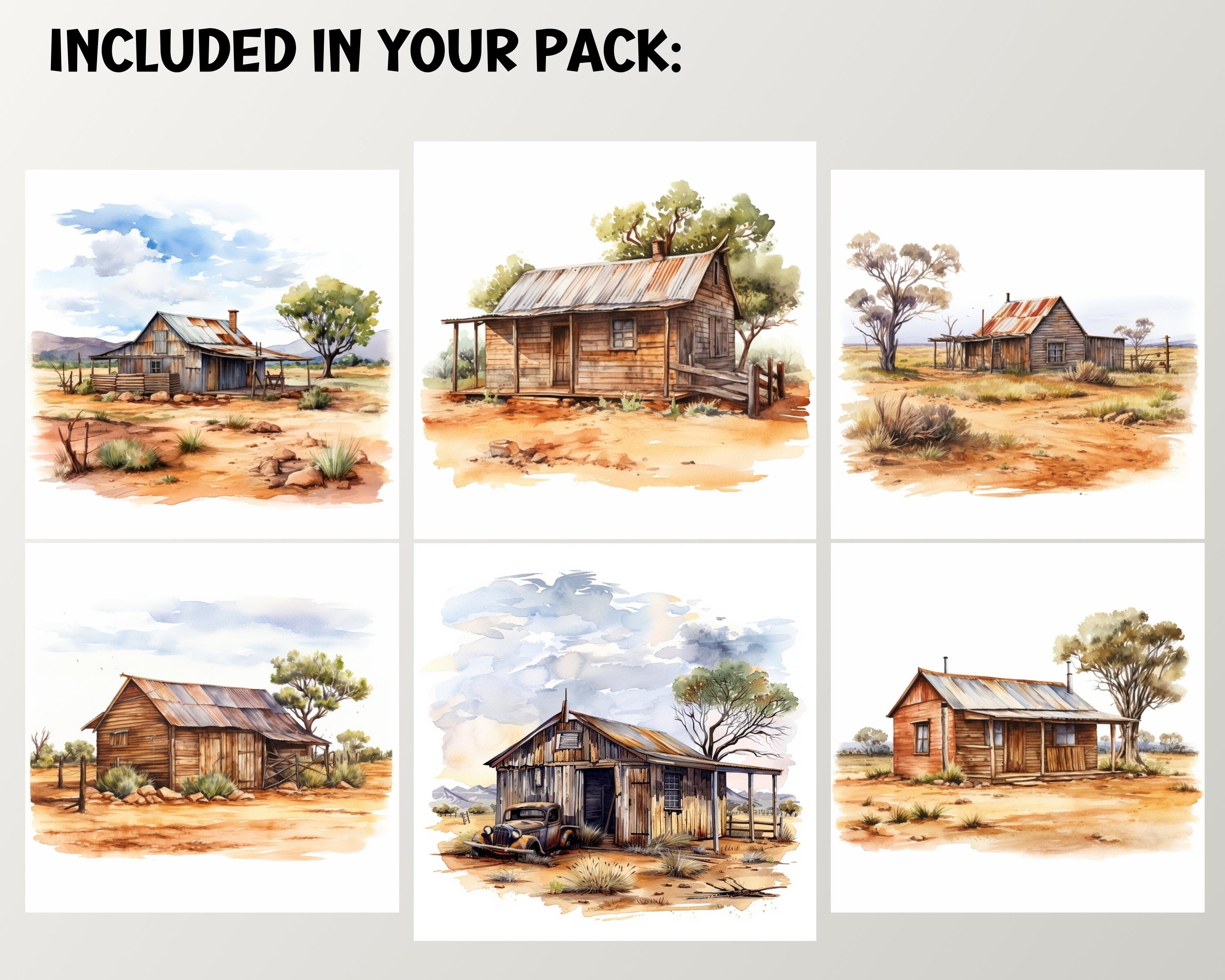 Outback Shacks Watercolor Clipart Scenes, Digital & Paper Craft ...
