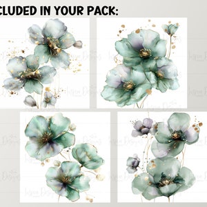 16 Abstract Flowers Green & Gold Watercolor Clipart, Floral Digital ...