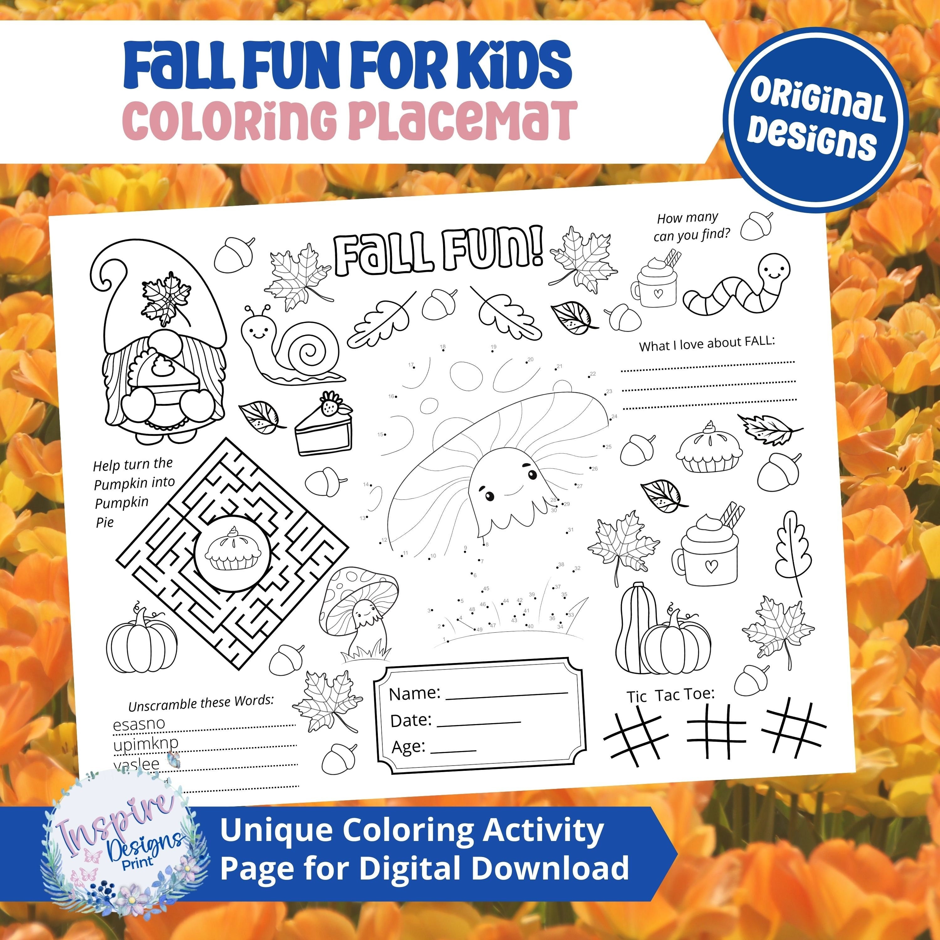 FALL/AUTUMN Fun - Printable Coloring Placemat for Kids - Season ...