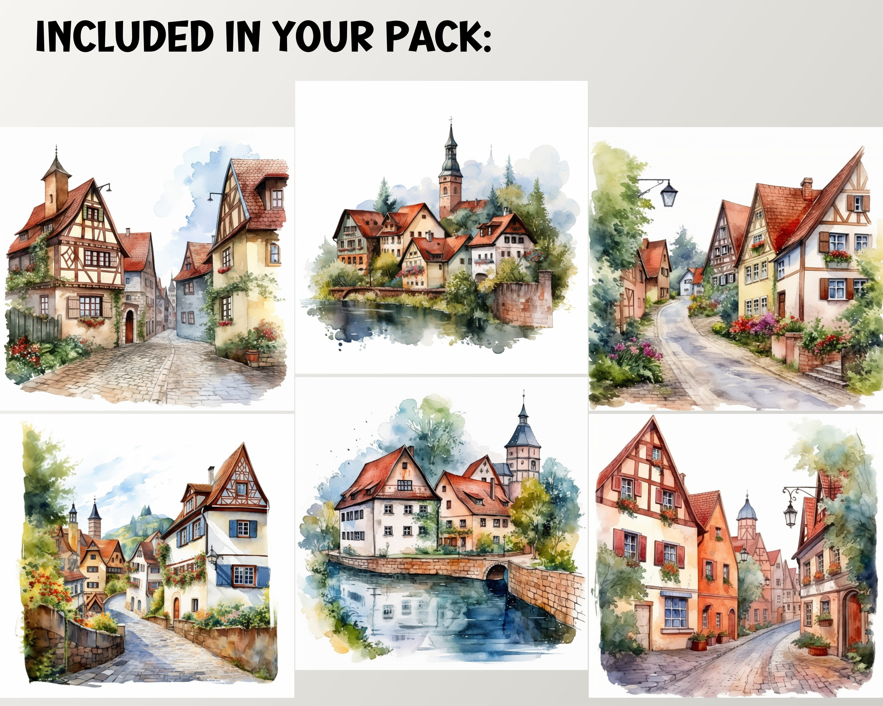 Quaint German Villages Watercolor Clipart Scenes, Fantasy Town Digital ...