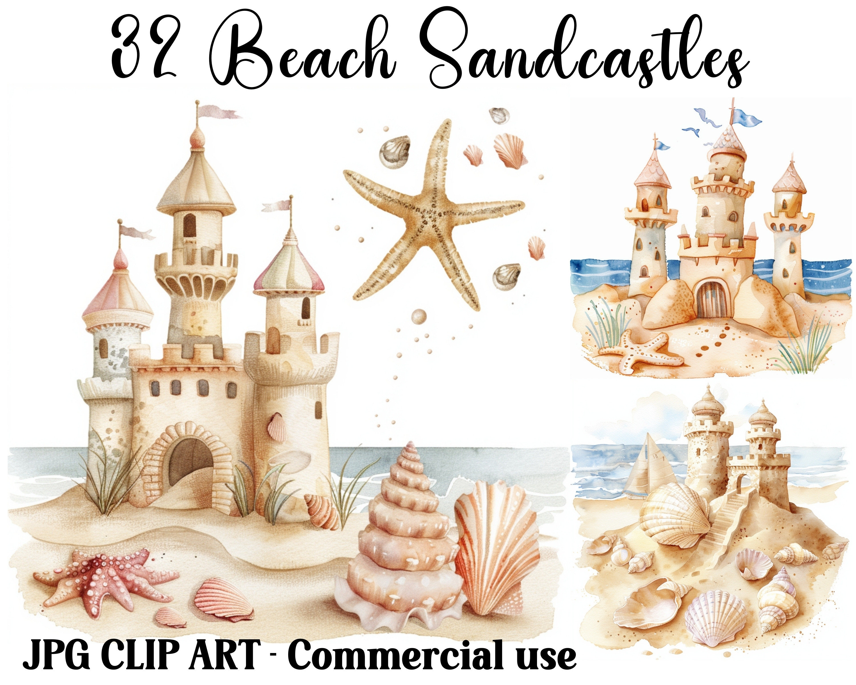 Beach Sandcastles Watercolor Clipart Scenes, Digital/ Paper Crafts ...