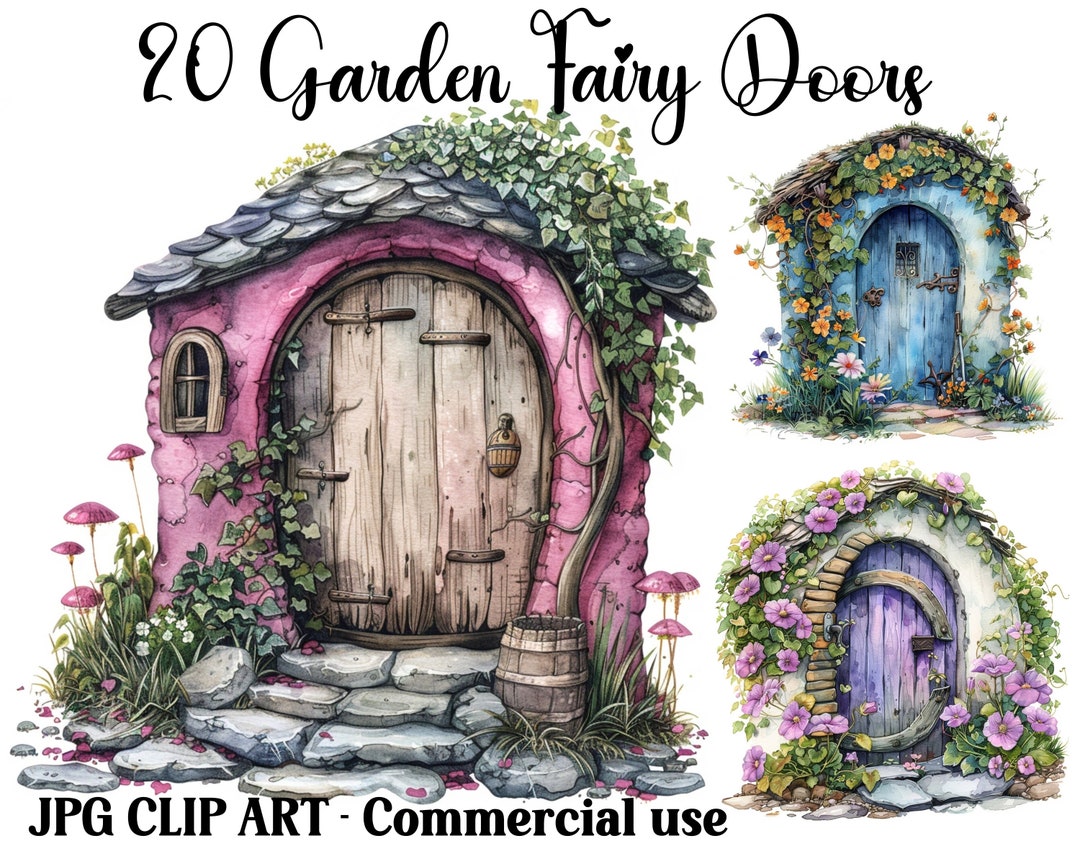 Garden Fairy Doors Watercolor Clipart Scenes, Fantasy Fairytale Digital ...