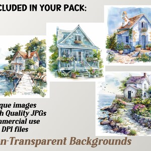 Seaside Cottages Watercolor Clipart Scenes, Coastal Ocean Houses ...