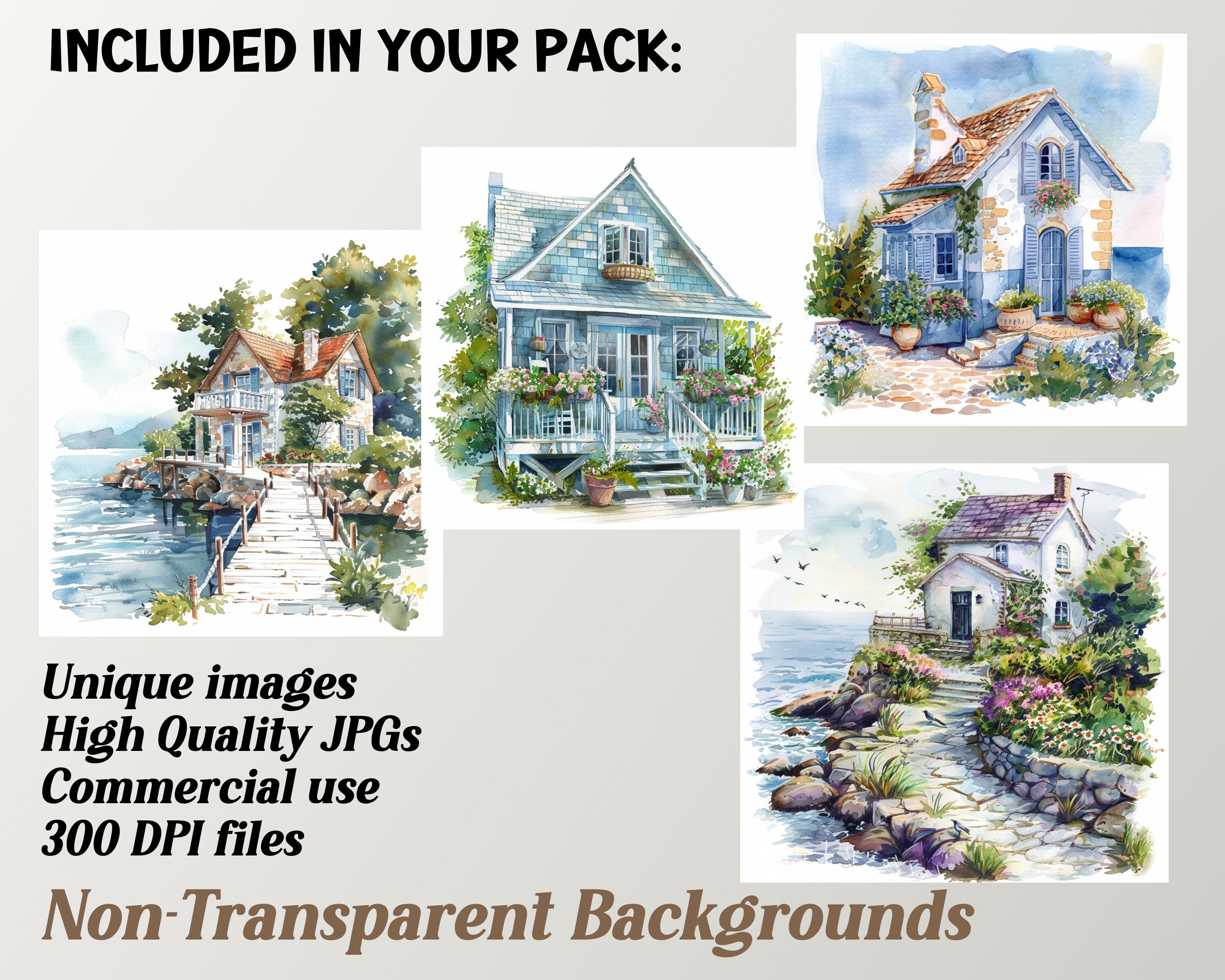 Seaside Cottages Watercolor Clipart Scenes, Coastal Ocean Houses ...
