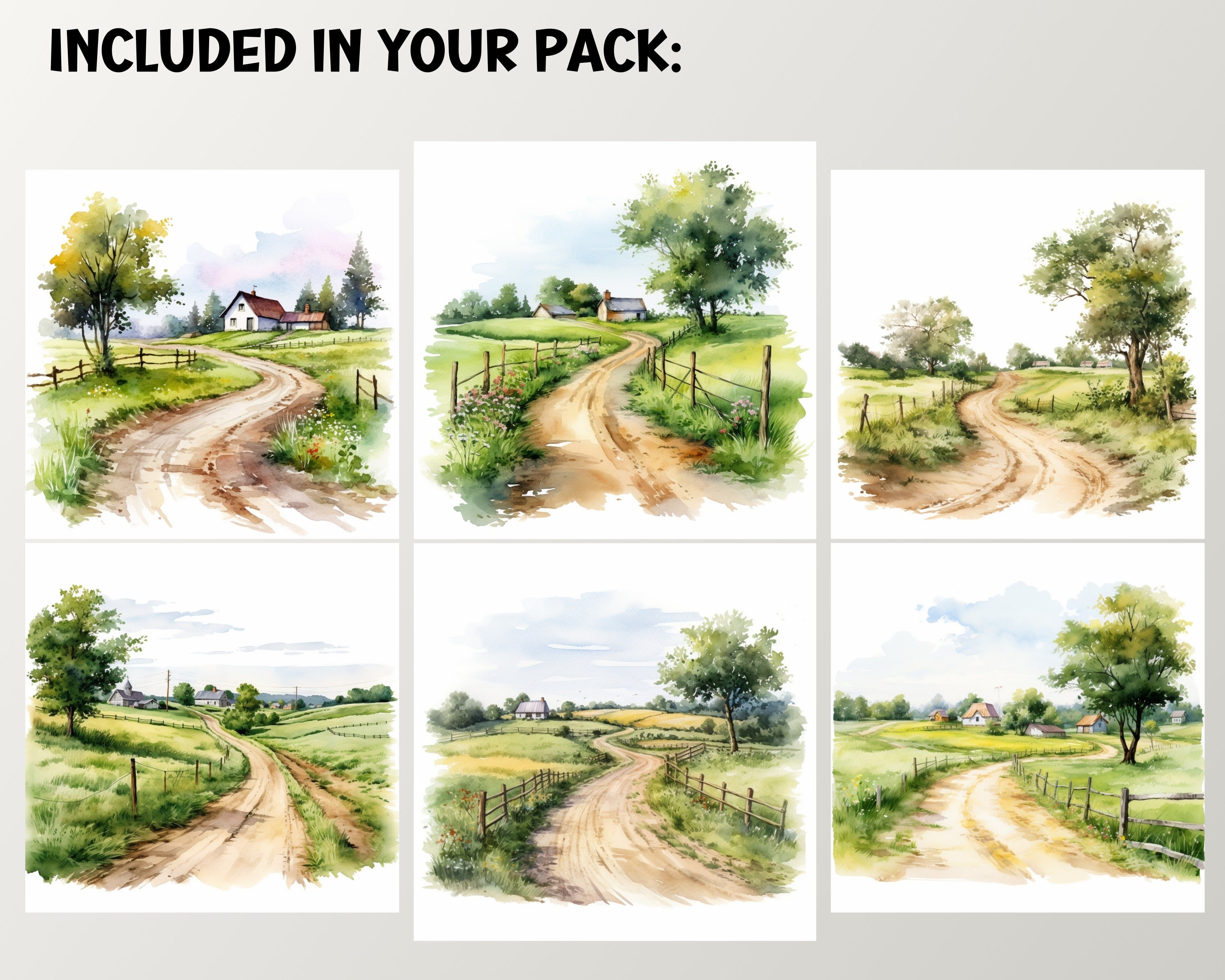 Country Laneways Watercolor Clipart Scenes, Digital & Paper Craft ...