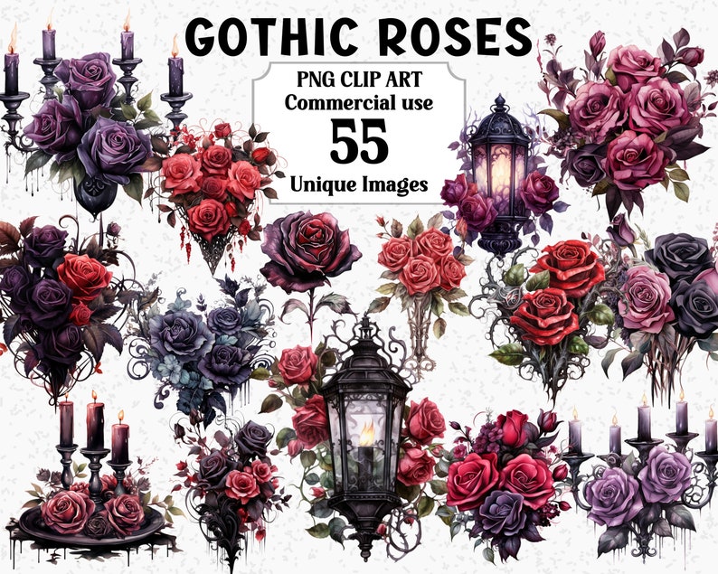 Gothic Roses Watercolor Spooky Dark Flowers Clipart, Cards Junk Journal ...