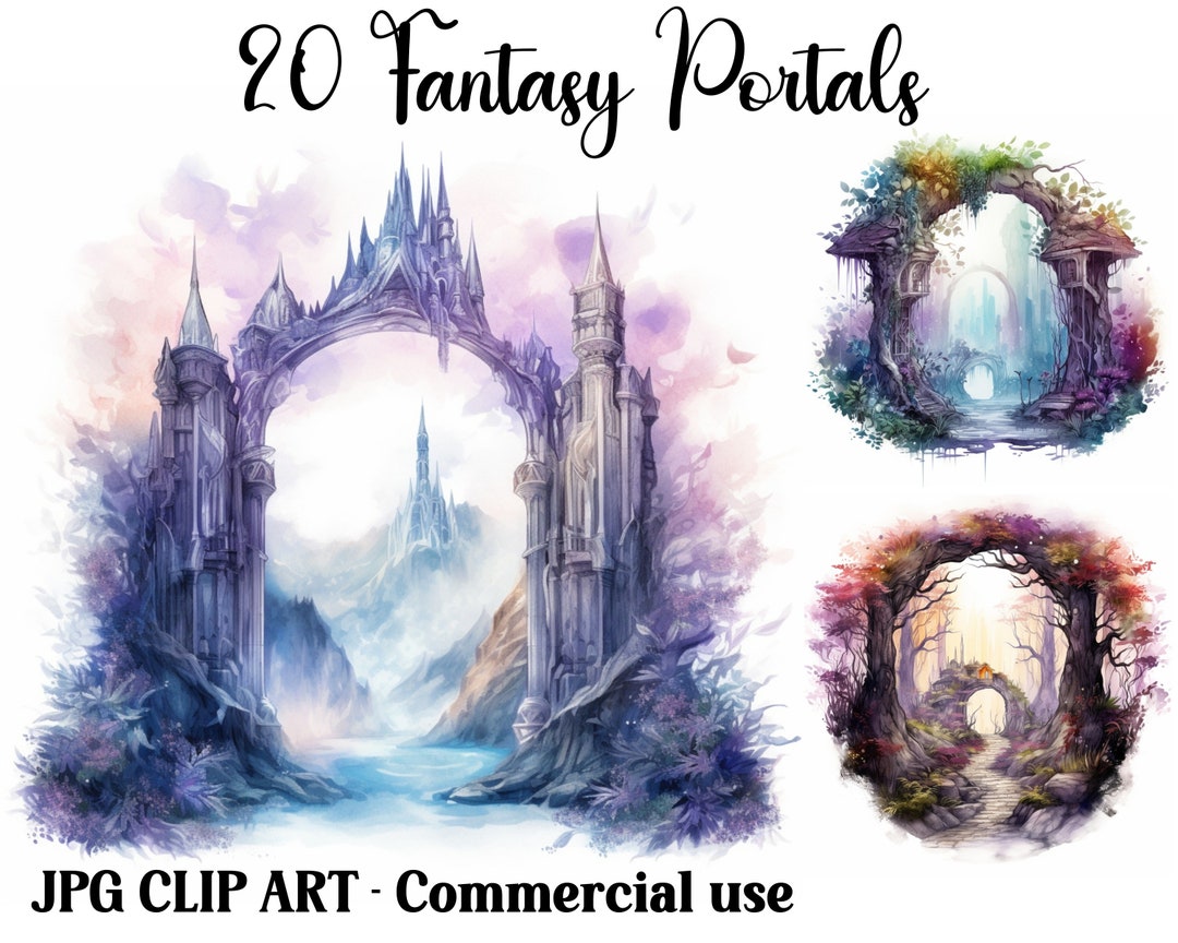 Fantasy Portals Watercolor Clipart Scenes, Fairytale Worlds Digital ...
