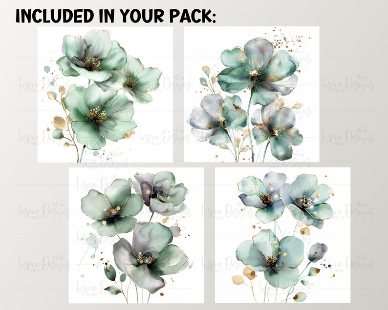 16 Abstract Flowers Green & Gold Watercolor Clipart, Floral Digital ...