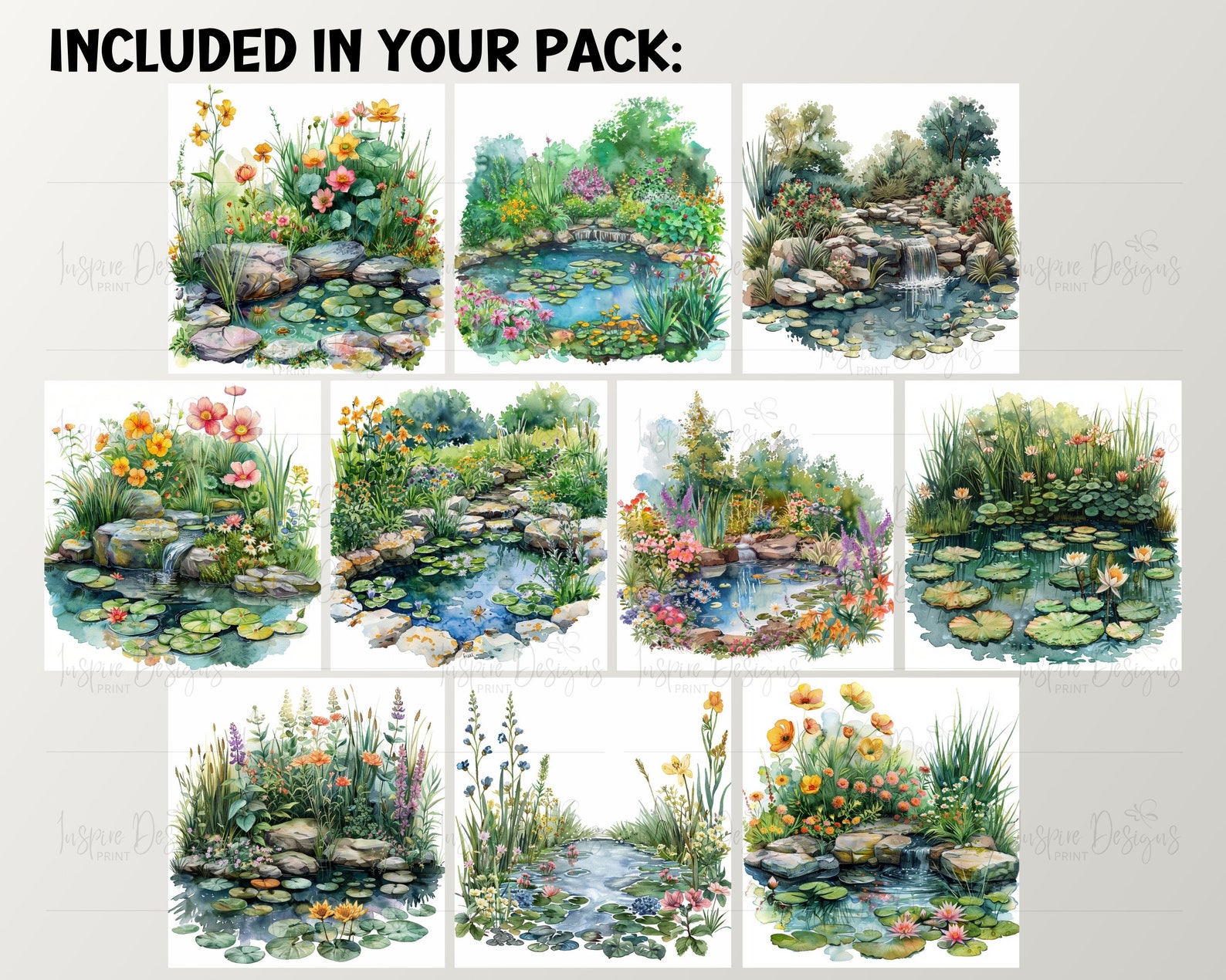 Garden Ponds Watercolor Spring Country Clipart Scenes, Digital & Paper ...