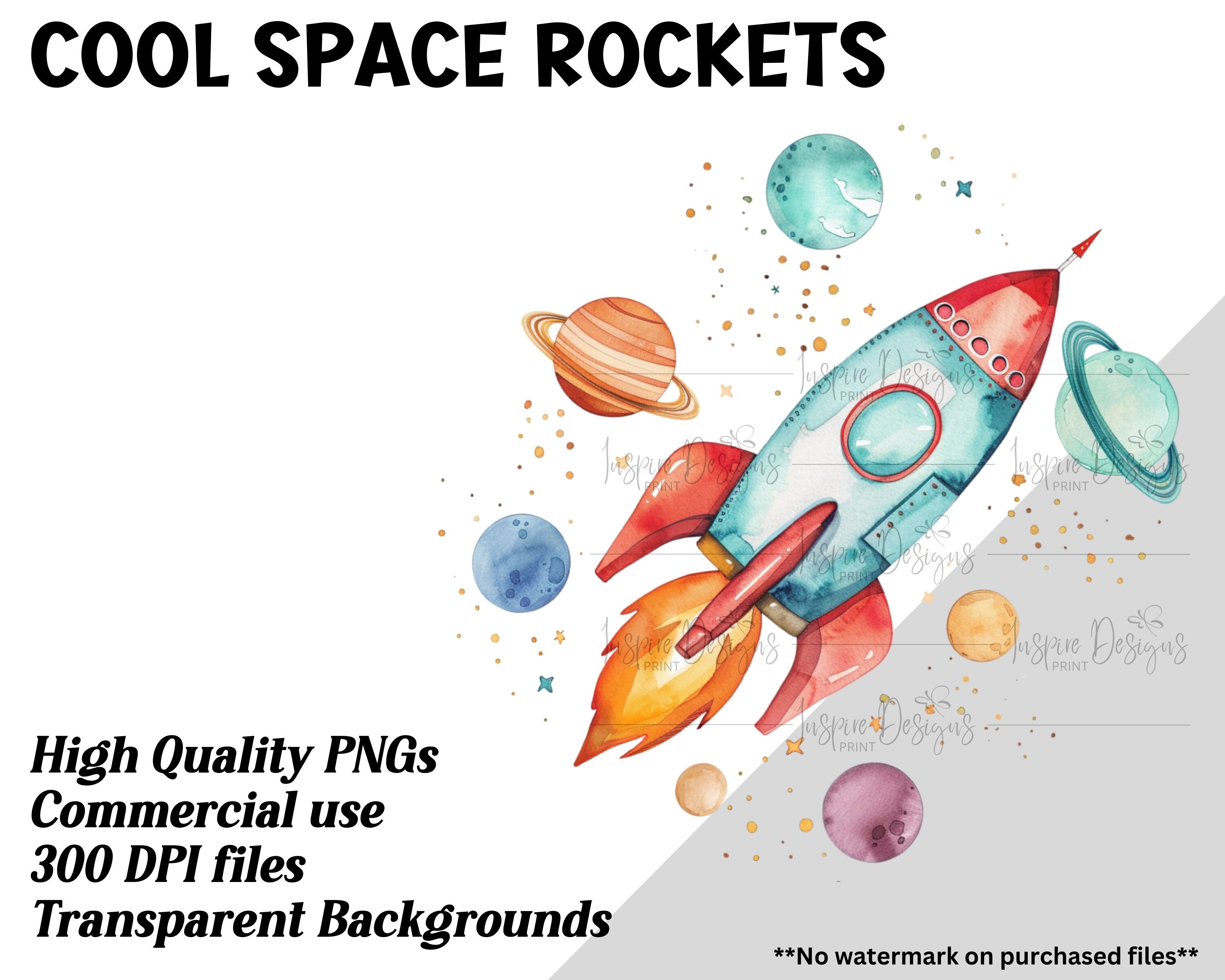 Cool Space Rockets Watercolor Clipart, Instant Download Commercial Use ...