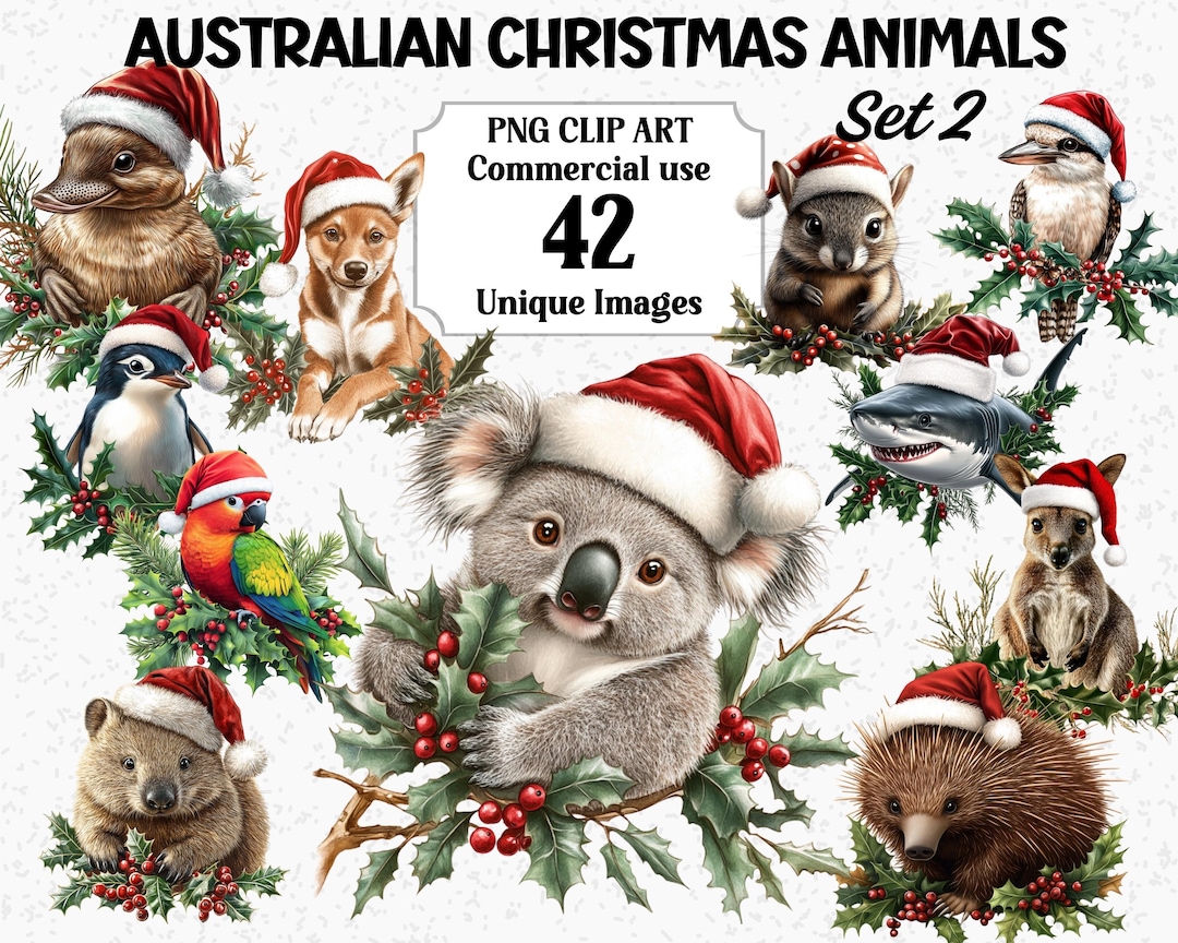 Australian Christmas Animals Clipart Set 2, Watercolor Animals Koala ...