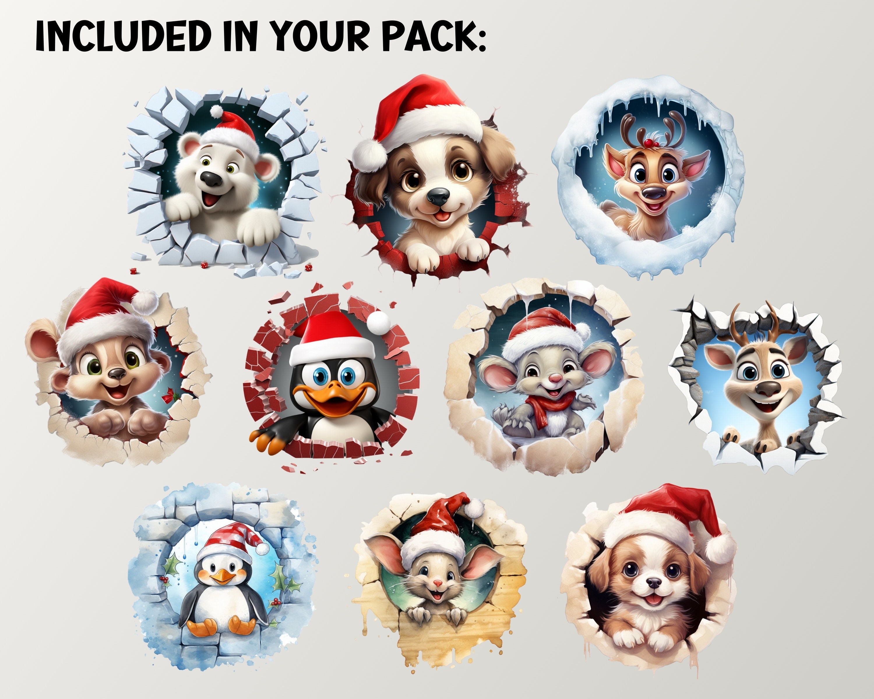 3D Style Cute Animals Christmas PNG Clipart, Instant Download ...