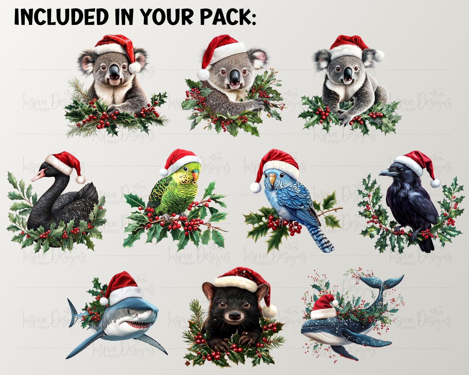 Australian Christmas Animals Clipart Set 1, Watercolor Animals Koala ...
