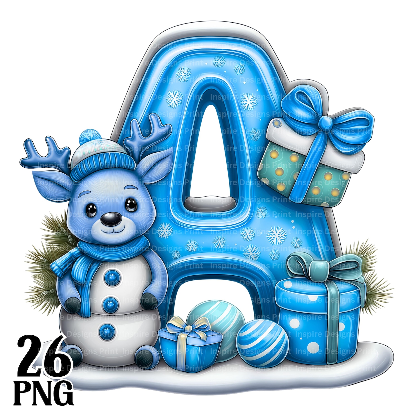 Blue Reindeer Christmas Letters Clipart, Custom Initial Ornament ...