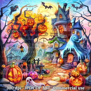 Spooky Halloween Towns Watercolor Clipart Haunted Houses Digital Papers ...