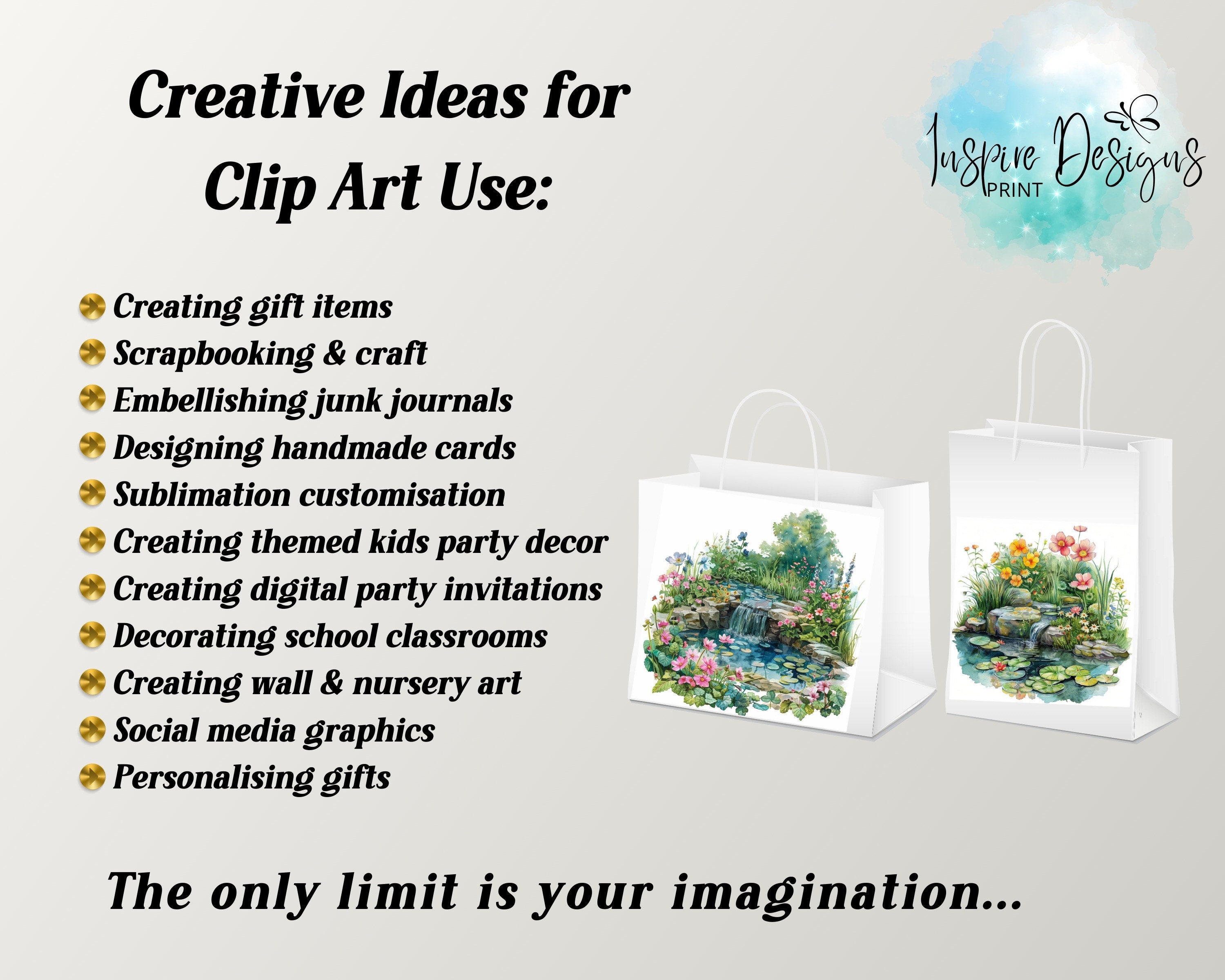 Garden Ponds Watercolor Spring Country Clipart Scenes, Digital & Paper ...