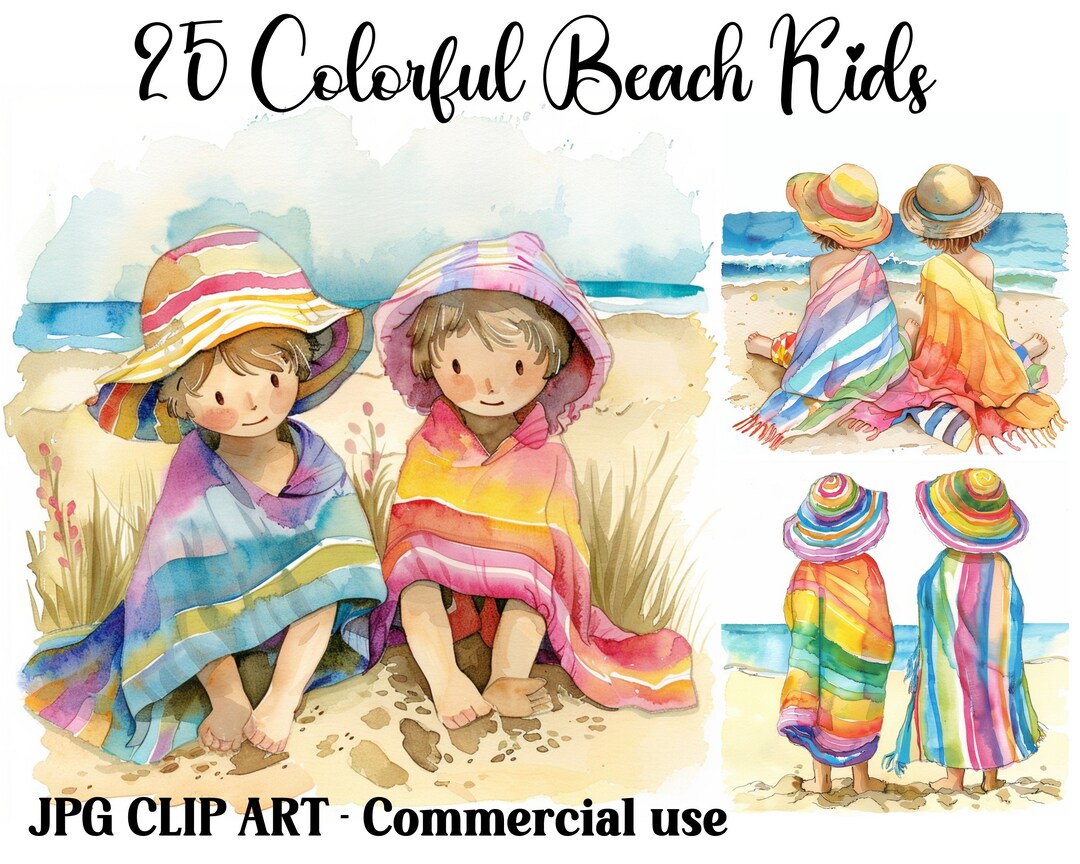 Colorful Beach Kids Watercolor Clipart Scenes, Digital Crafts, Instant ...