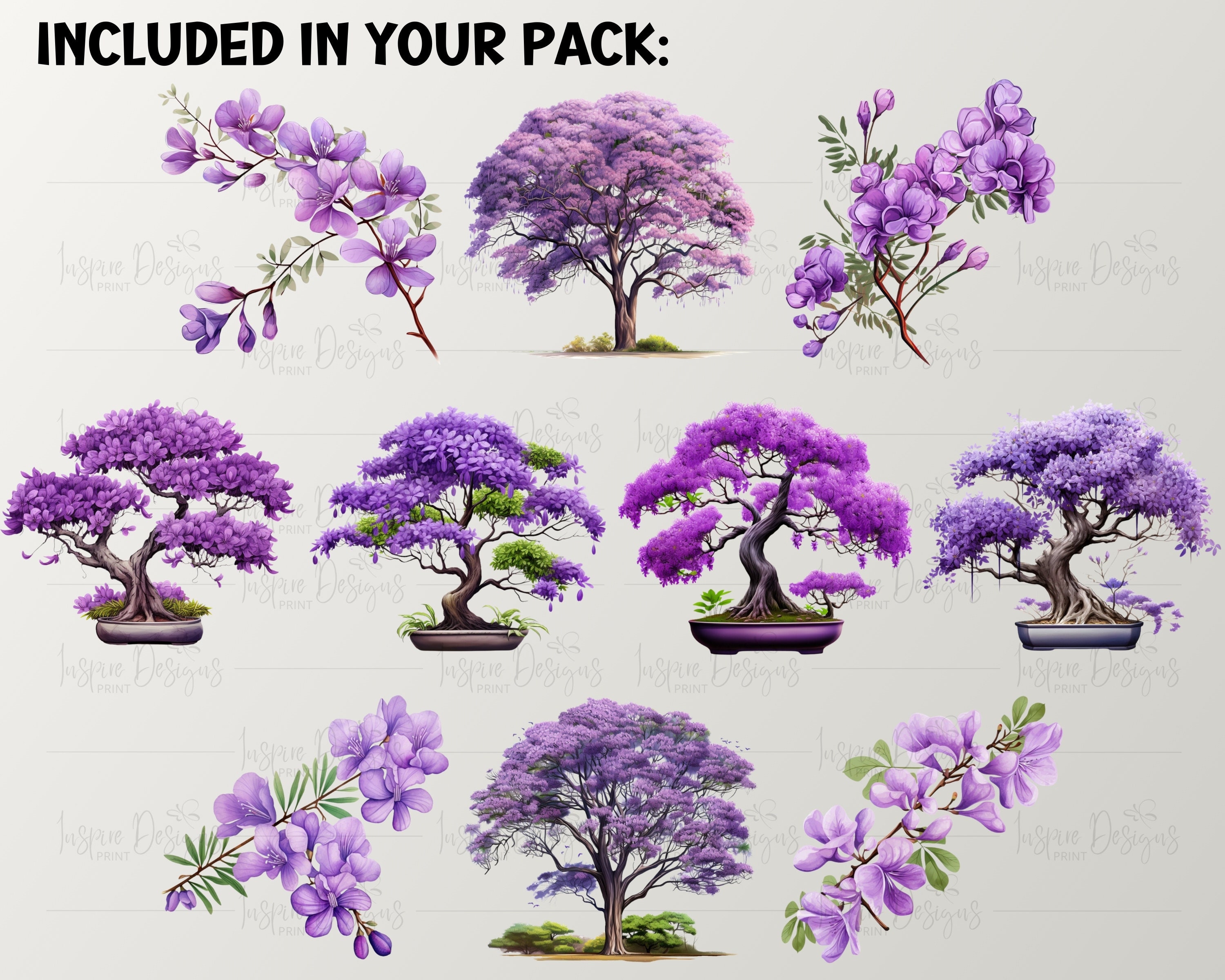 Jacaranda Trees Watercolor Purple Clipart, Digital Nature Green Leaves ...