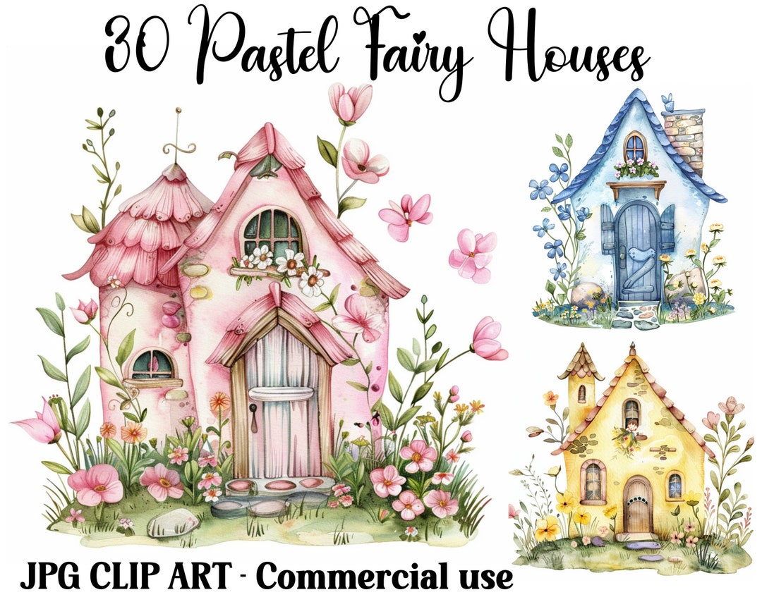 Pastel Fairy Houses Watercolor Clipart Scenes, Fantasy Fairytale ...