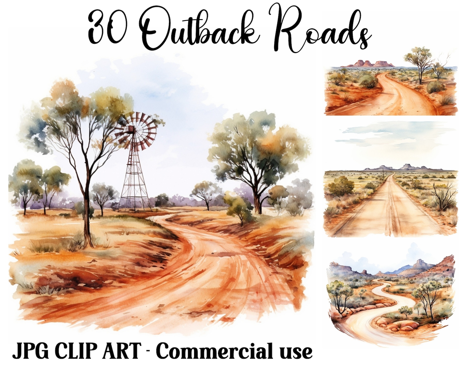 Outback Roads Watercolor Clipart Scenes, Digital & Paper Craft, Instant ...