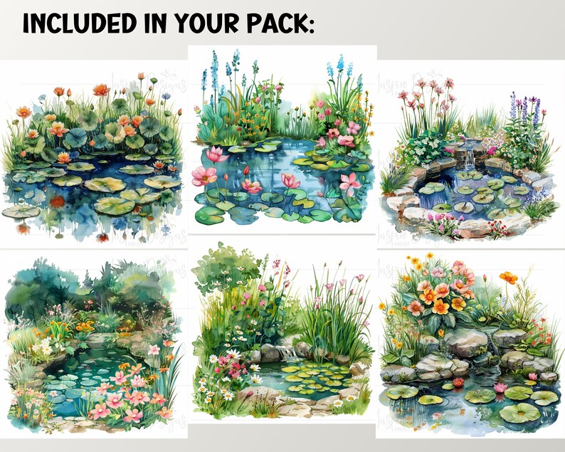 Garden Ponds Watercolor Spring Country Clipart Scenes, Digital & Paper ...