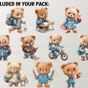 Back to School Bears Blue Clipart, Instant Download, Riding Bike, Desk ...