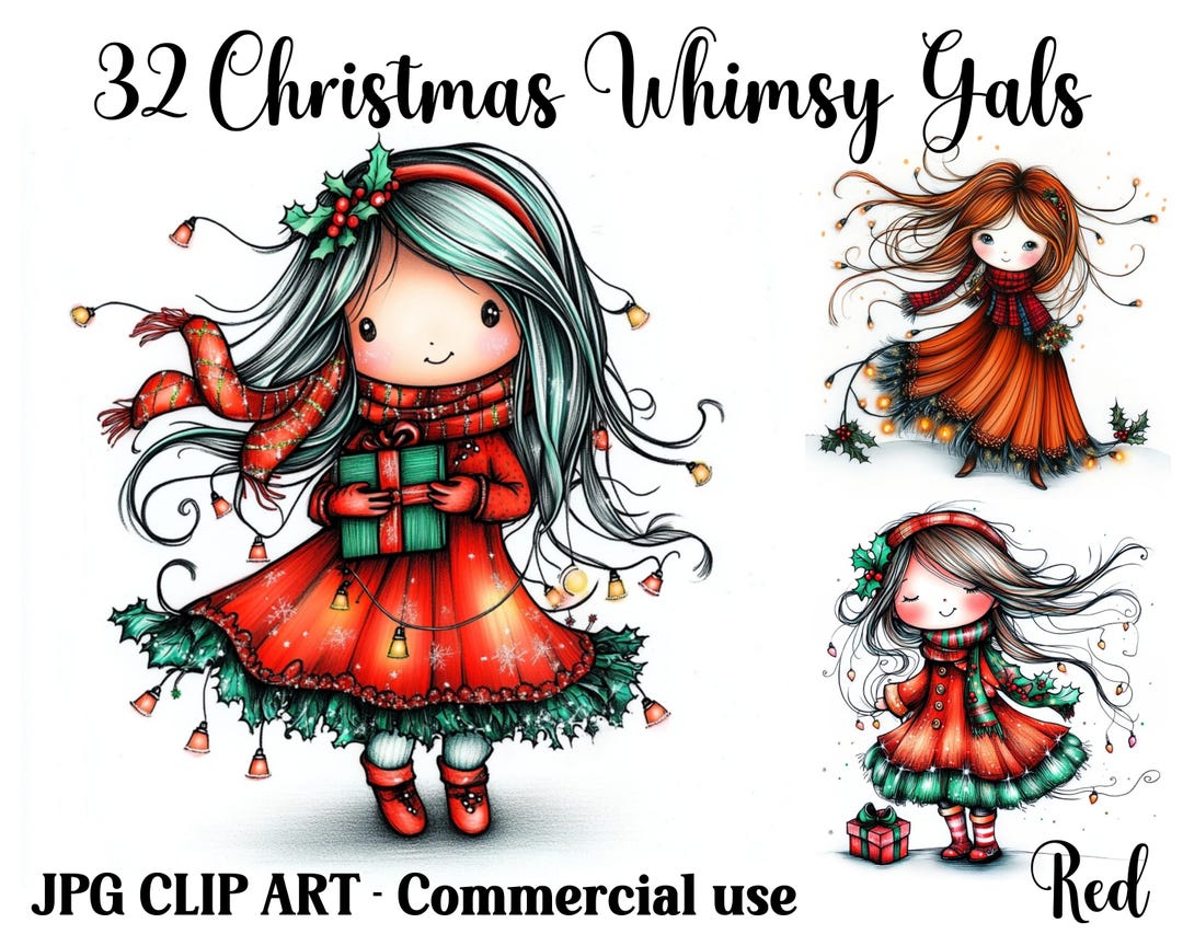 Christmas Whimsy Gals Red Winter Clipart, Digital/paper Crafts, Instant Download, Seasonal Xmas ...