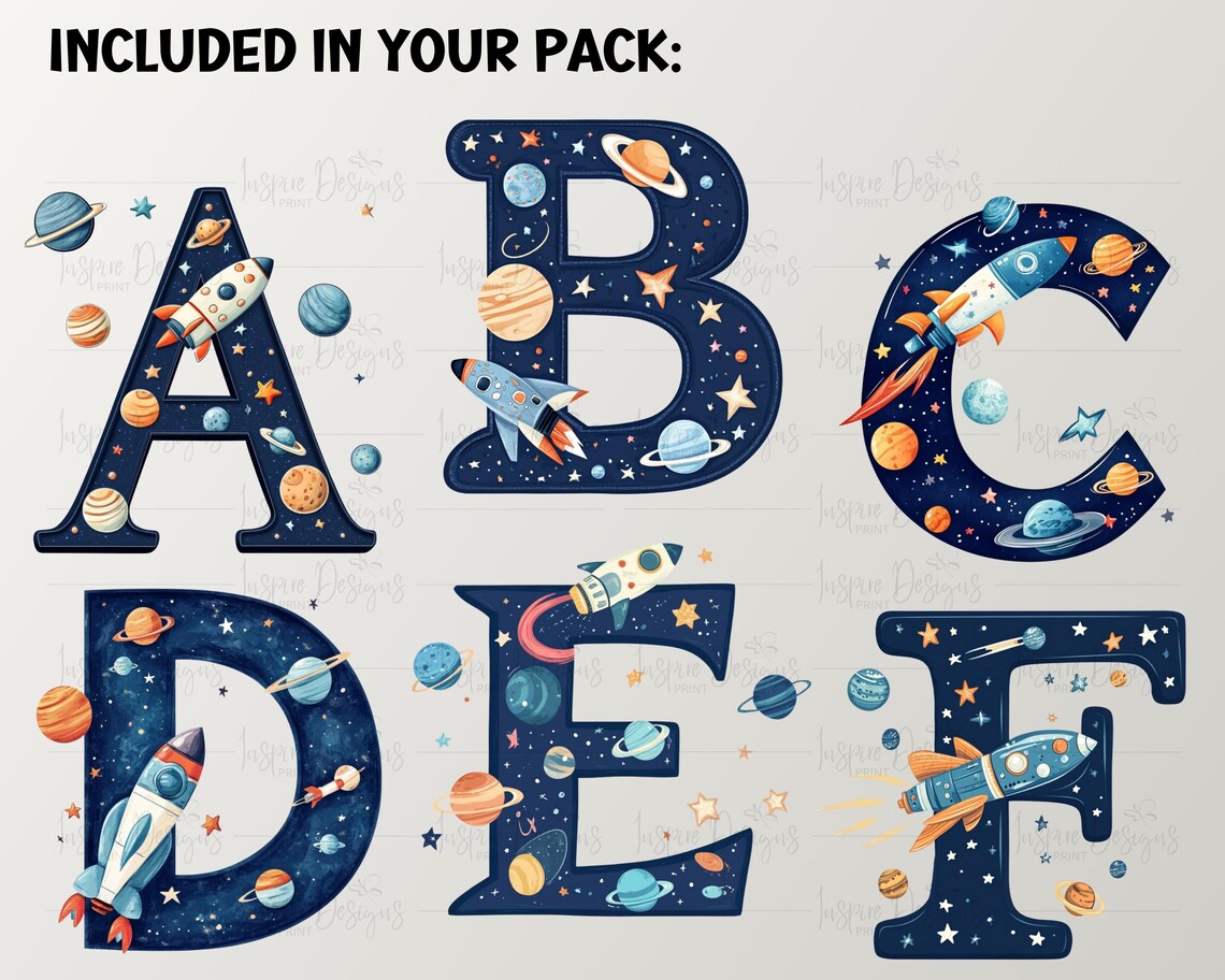Space Alphabet Letters Clipart Navy Blue Planets Boys & Girls Digital ...