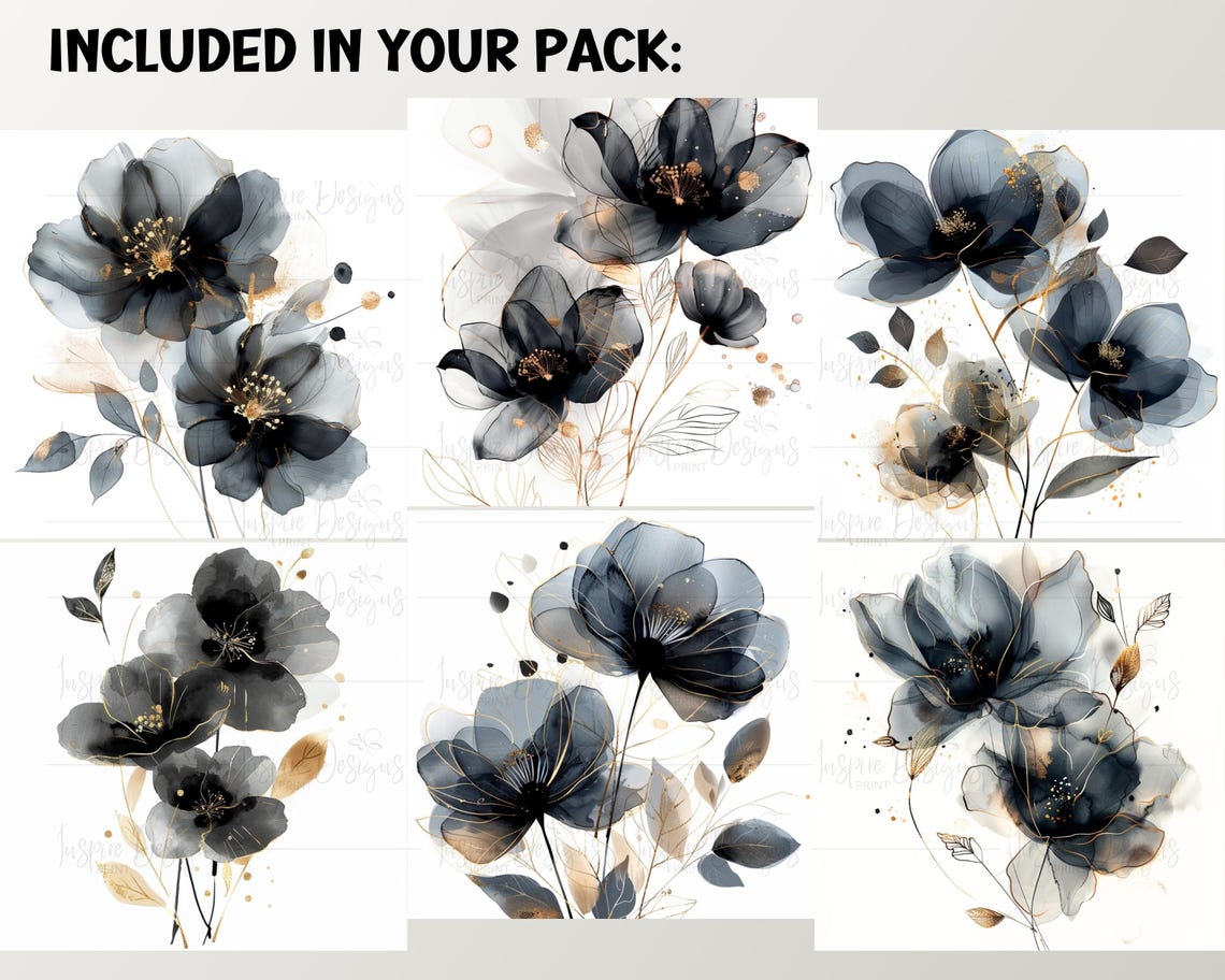 Abstract Flowers Black & Gold 25 Watercolor Clipart, Floral Digital ...