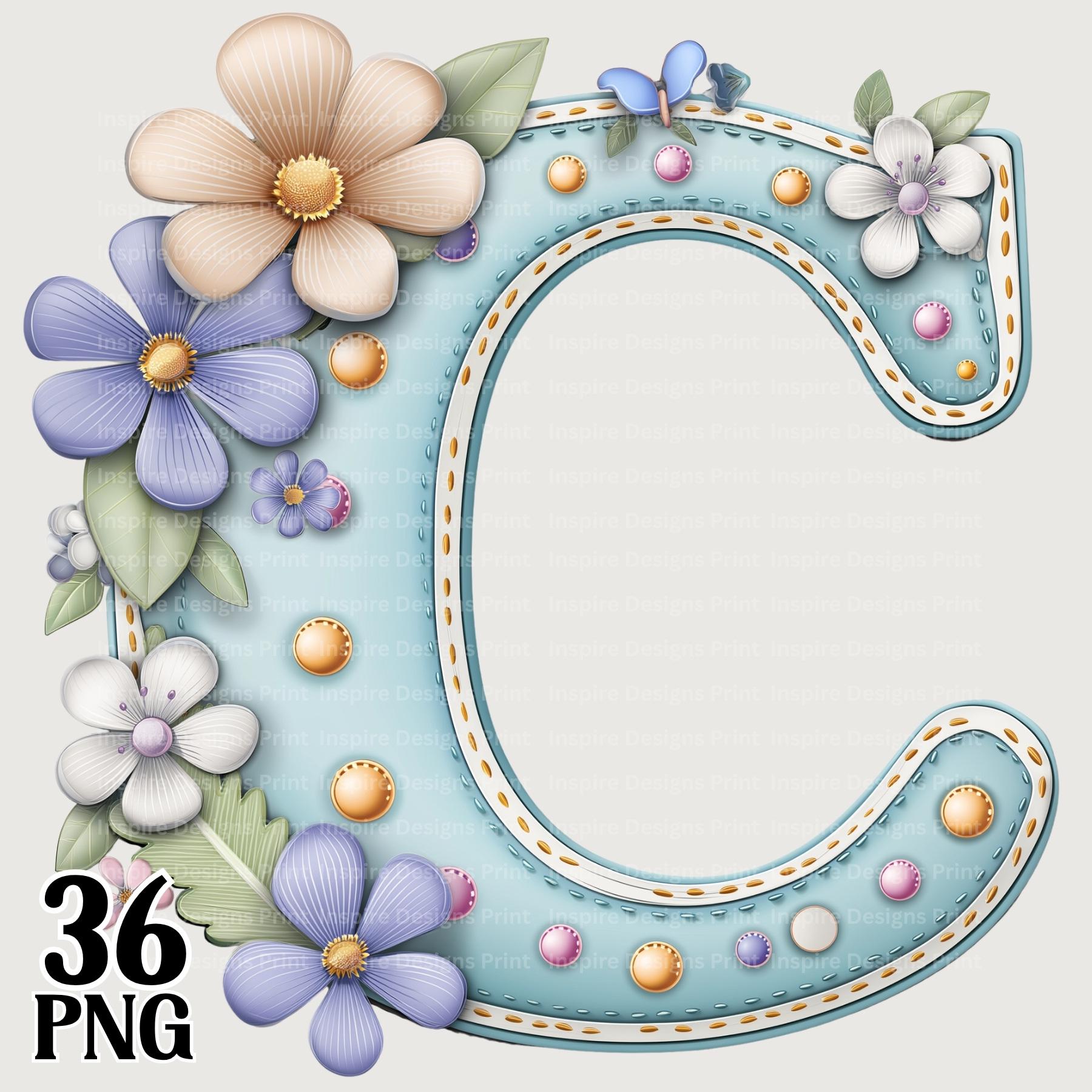 Blue Spotted Floral Alphabet Letters & Numbers, Pretty Spring Flowers ...