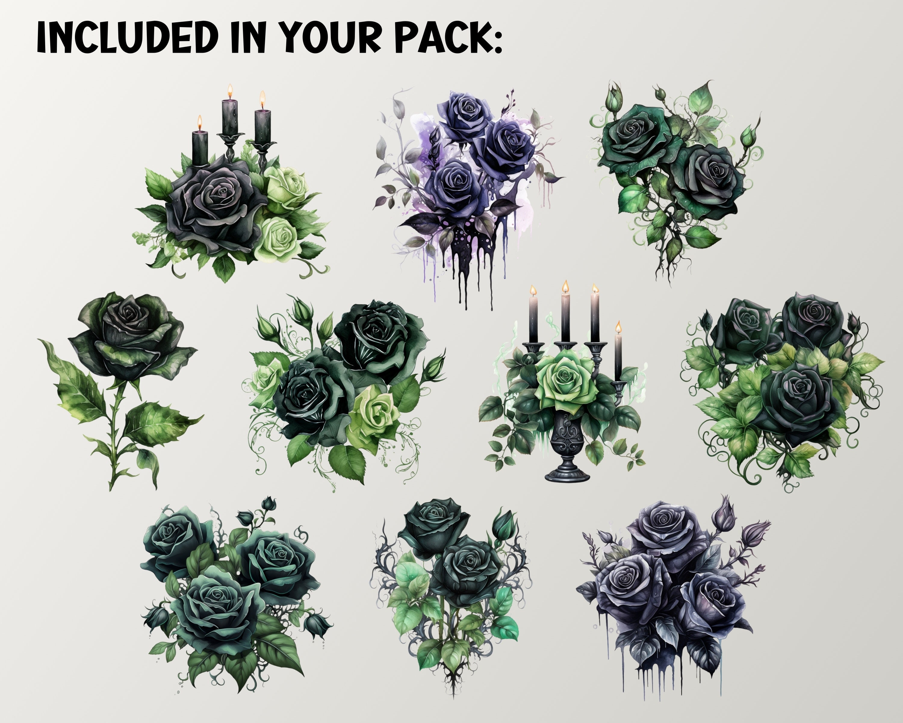 Black Gothic Roses Watercolor Spooky Dark Flowers Clipart, Cards Craft ...