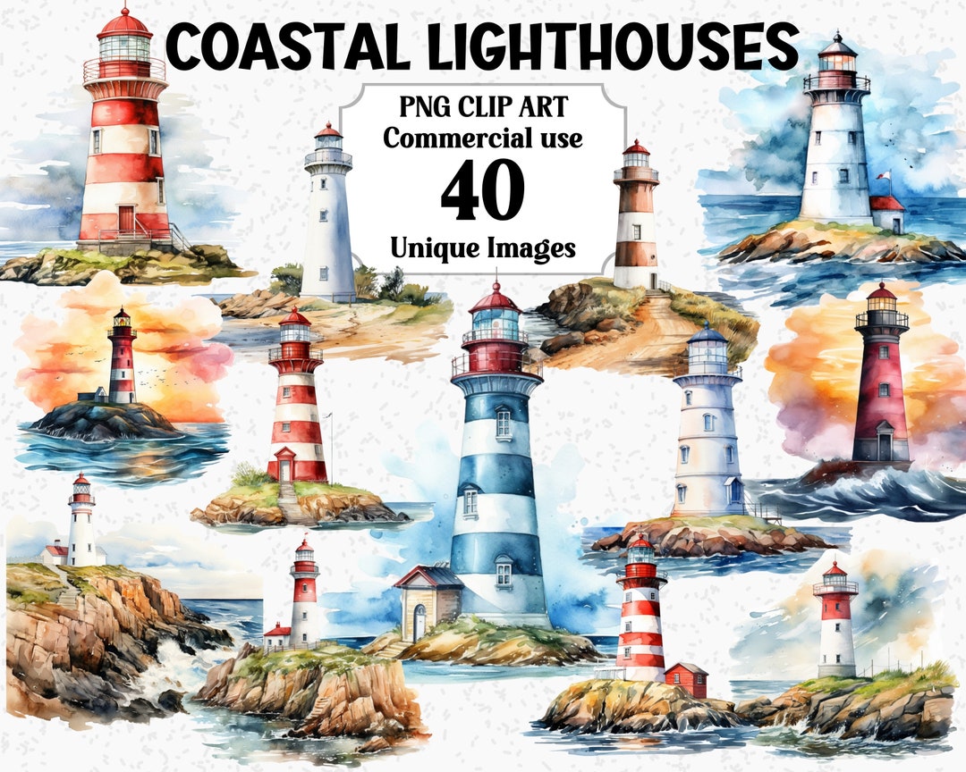 Coastal Lighthouses Watercolor Clipart, Digital & Paper Craft, Instant ...