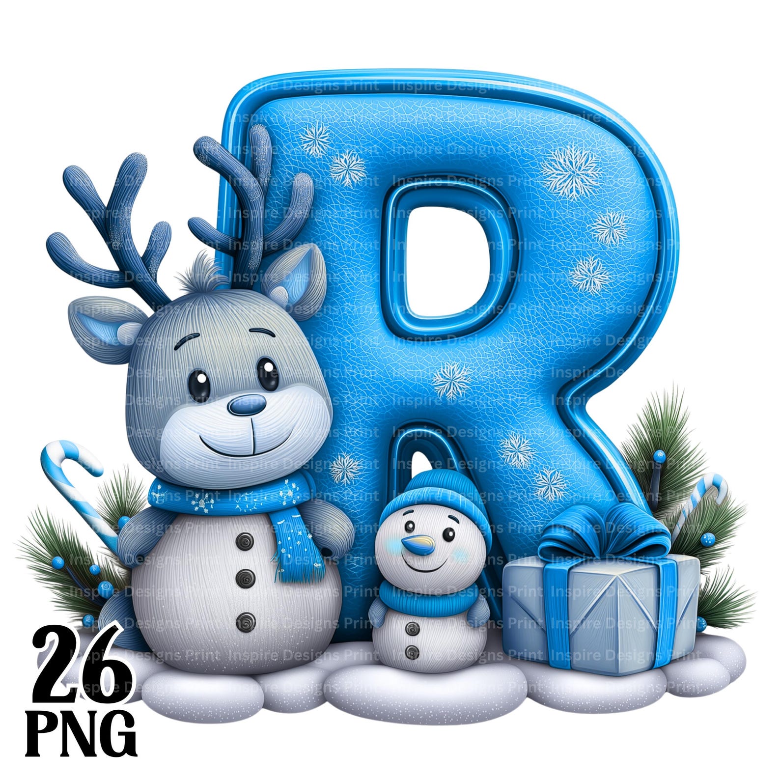 Blue Reindeer Christmas Letters Clipart, Custom Initial Ornament ...
