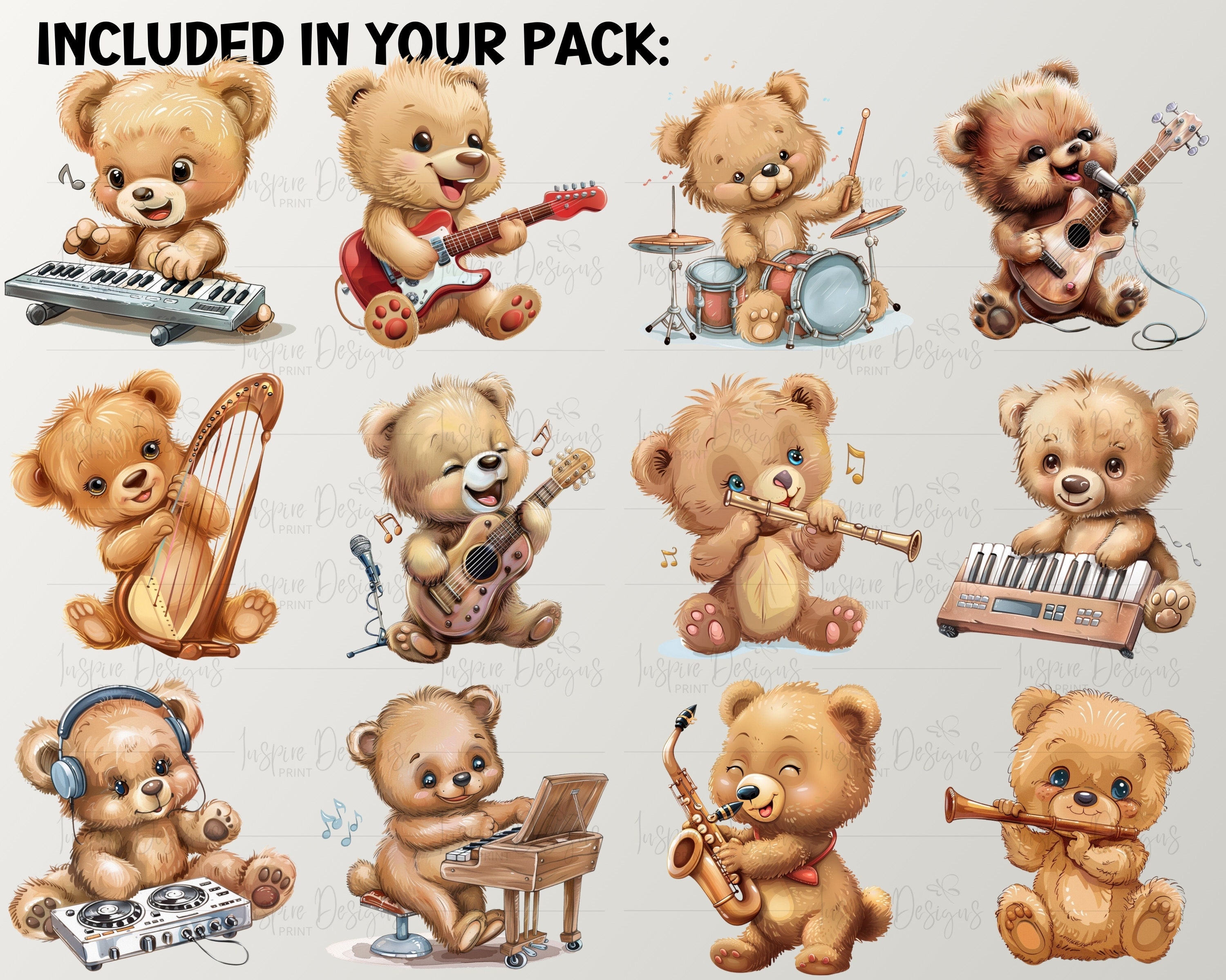 Cute Musical Bears Clipart, Instant Download, Music Guitar Drums Piano ...