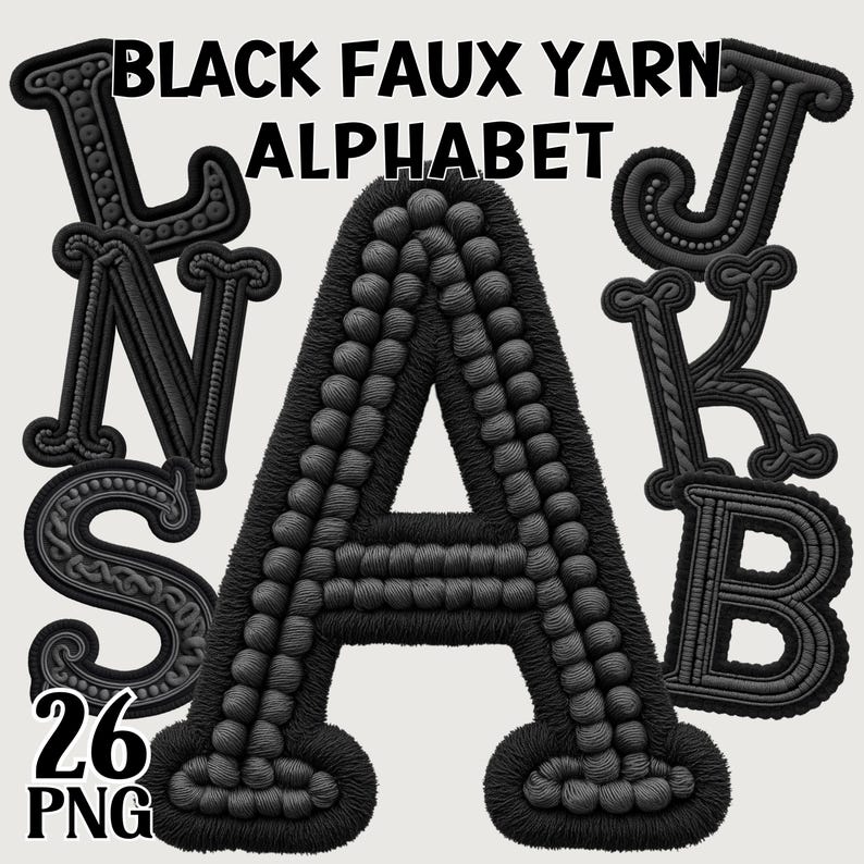 Black Faux Yarn Alphabet Letters, Faux Crotchet Font Clipart, A-Z ...
